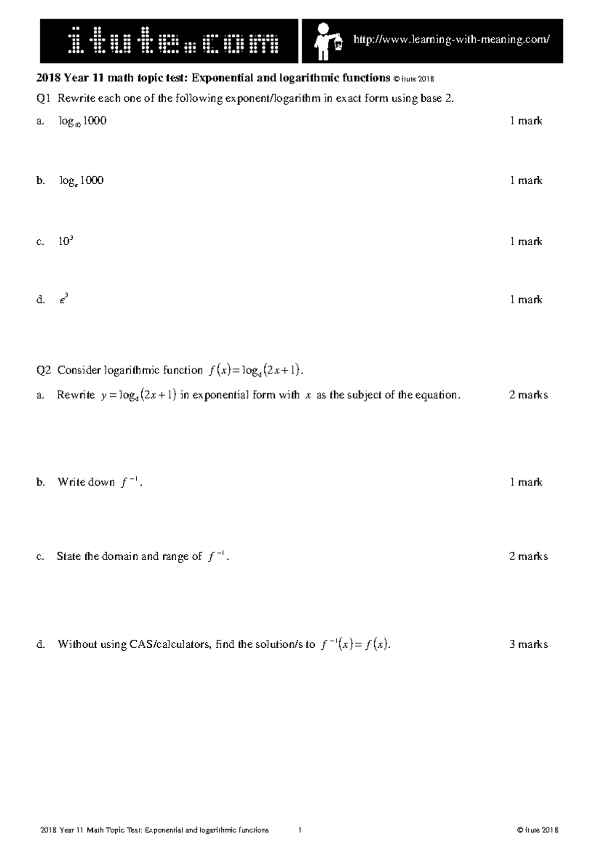 2018 Year 11 math topic test exponential and logarithmic functions ...