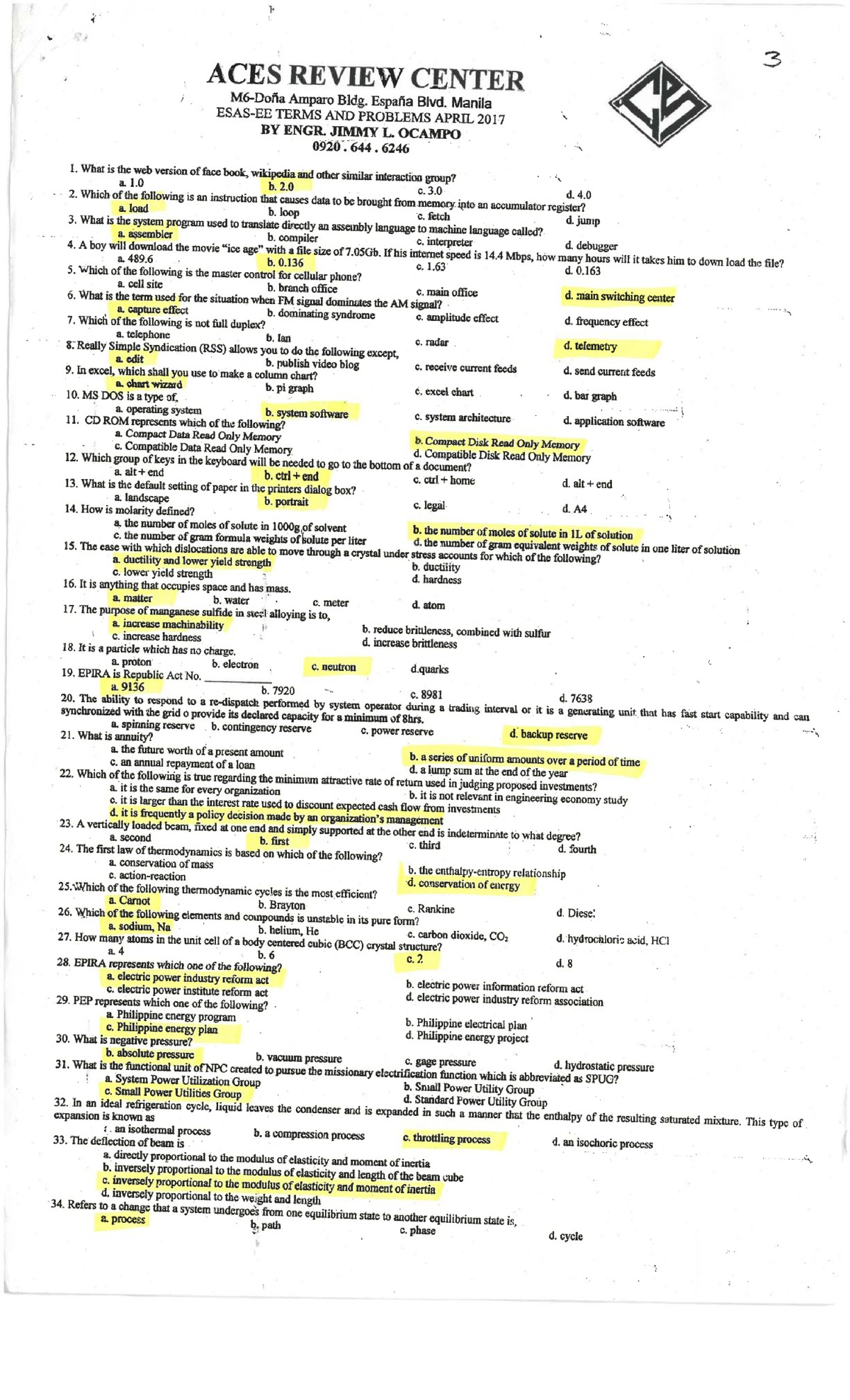 Compilation 1 Preboard Exam Bachelor Of Science In Electrical