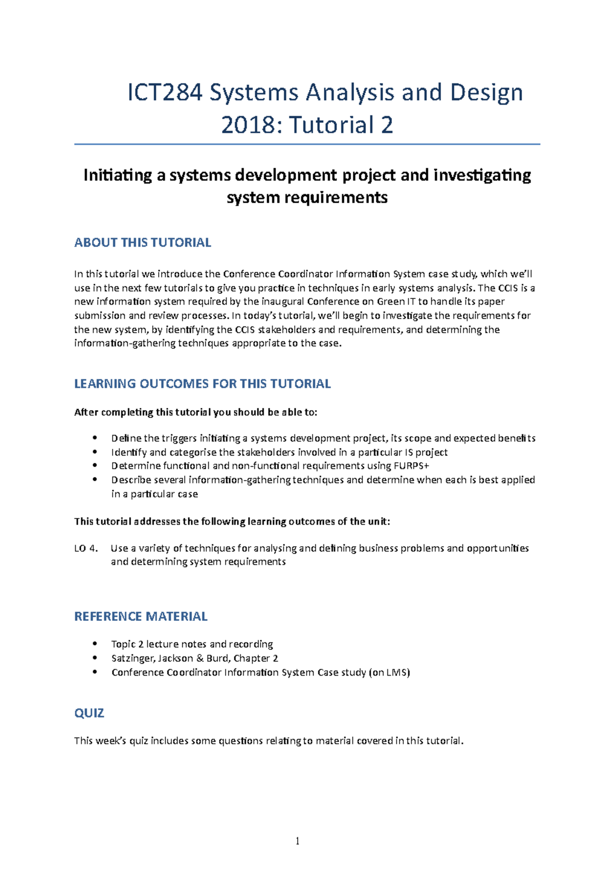 Tutorial 2 - Investigating requirements - ICT284 Systems Analysis and Design 2018: Tutorial 2 ...