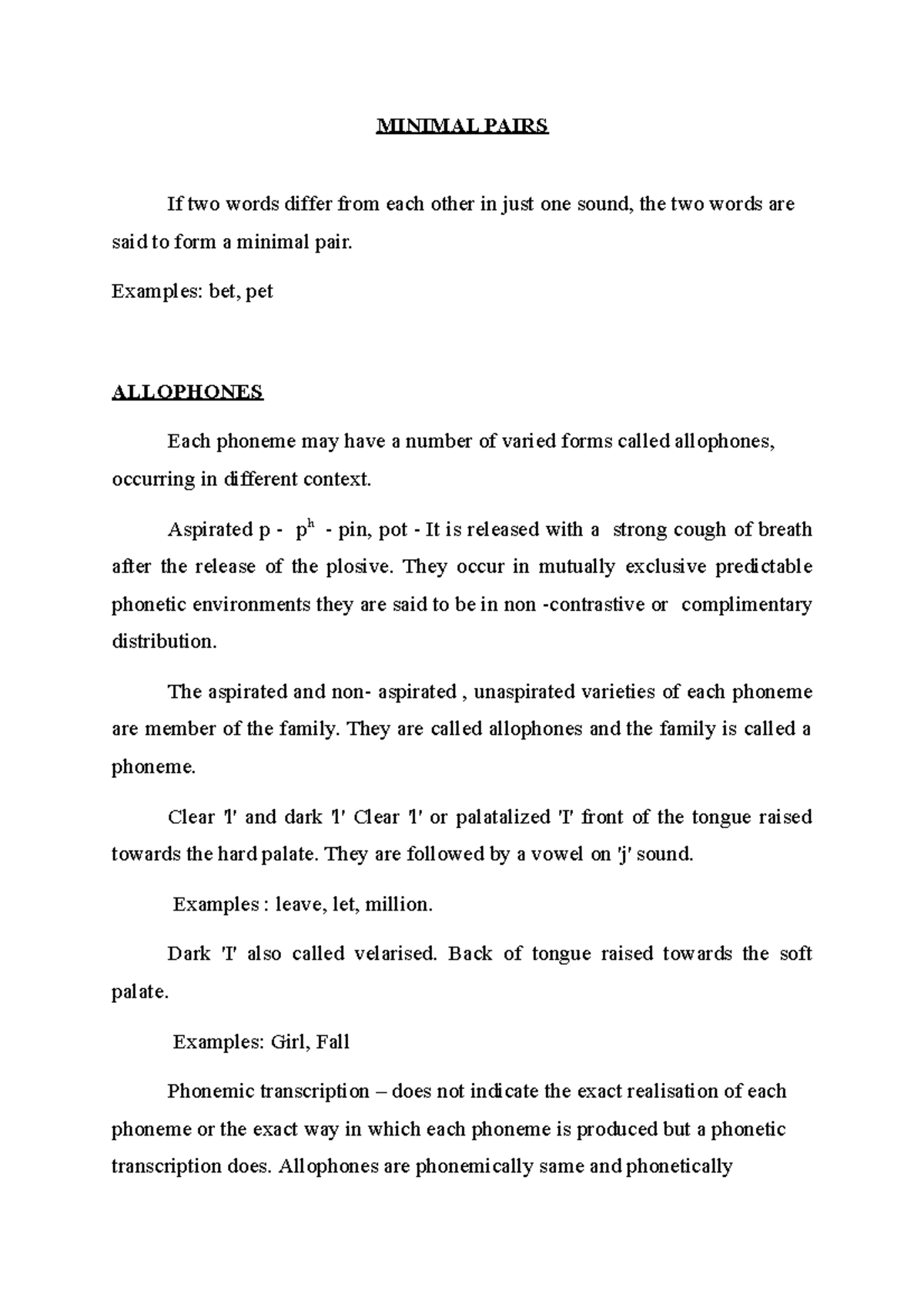 Minimal Pairs AND Allophones - MINIMAL PAIRS If two words differ from ...