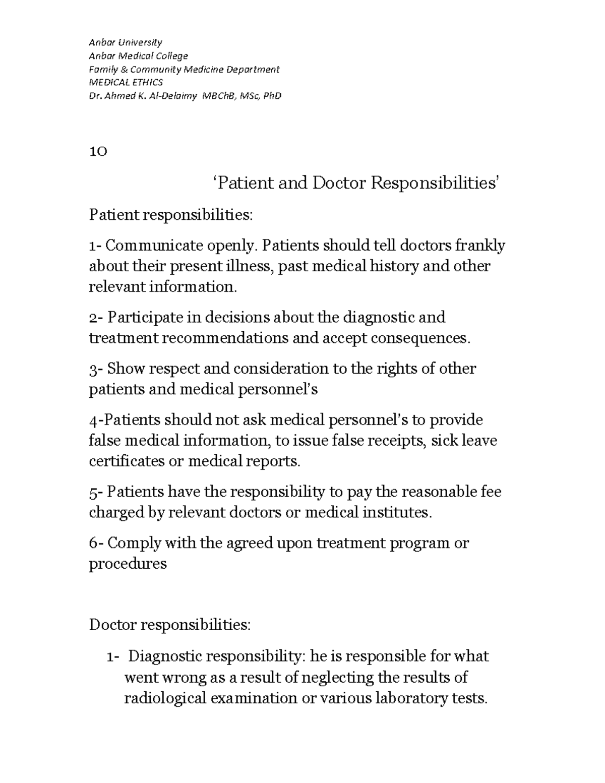 ‘Patient and Doctor Responsibilities’ - Anbar Medical College Family ...
