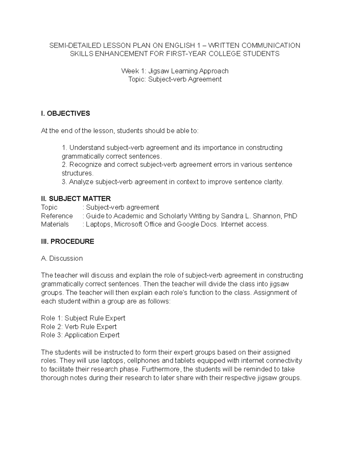 Semidetialed lesson plan on subject-verb agreement w1 - SEMI-DETAILED ...