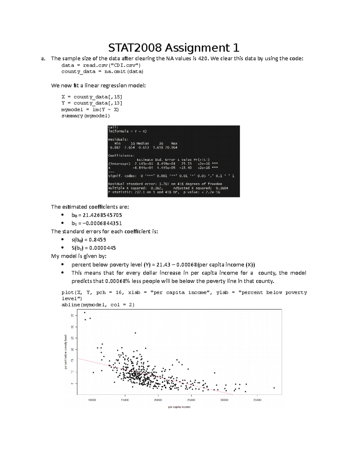 Assignment 1 For Slr Stat2008 Assignment 1 A The Sample Size Of The Data After Clearing The
