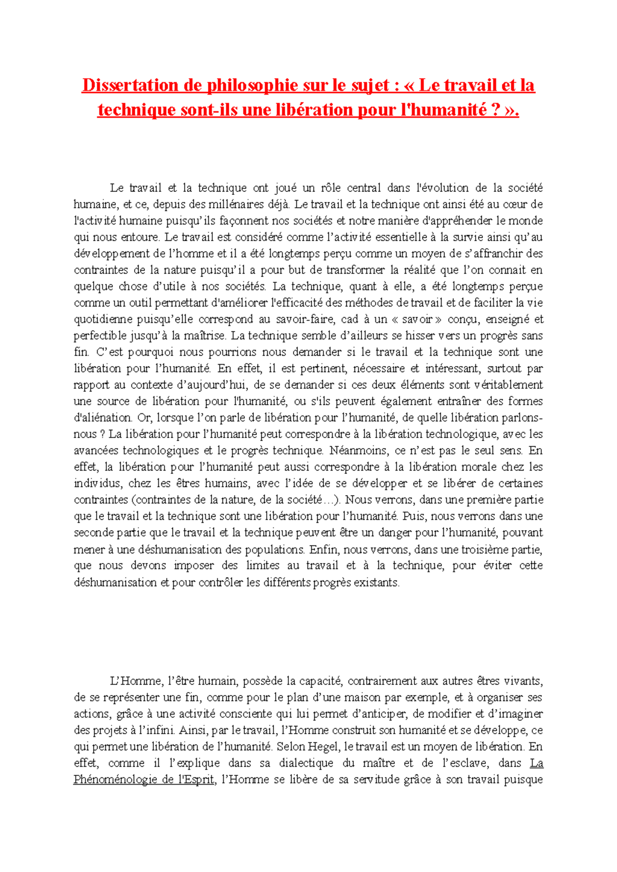DM de philo sur travail et technique - Dissertation de philosophie sur le sujet : « Le travail ...