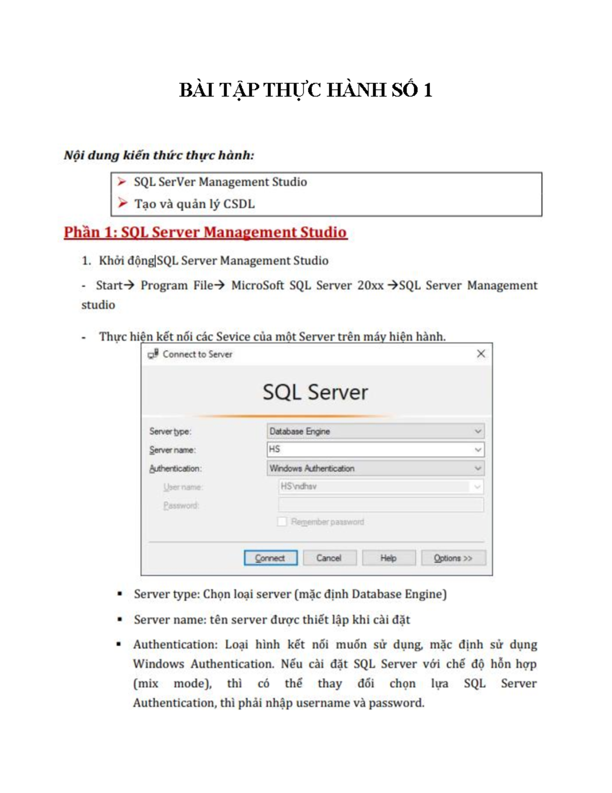 Lab1 - lalalda - BÀI TẬP THỰC HÀNH SỐ Phần 2. Tạo thư mục HQTCSDL\HoTenSV trong đó HoTenSV là họ ...