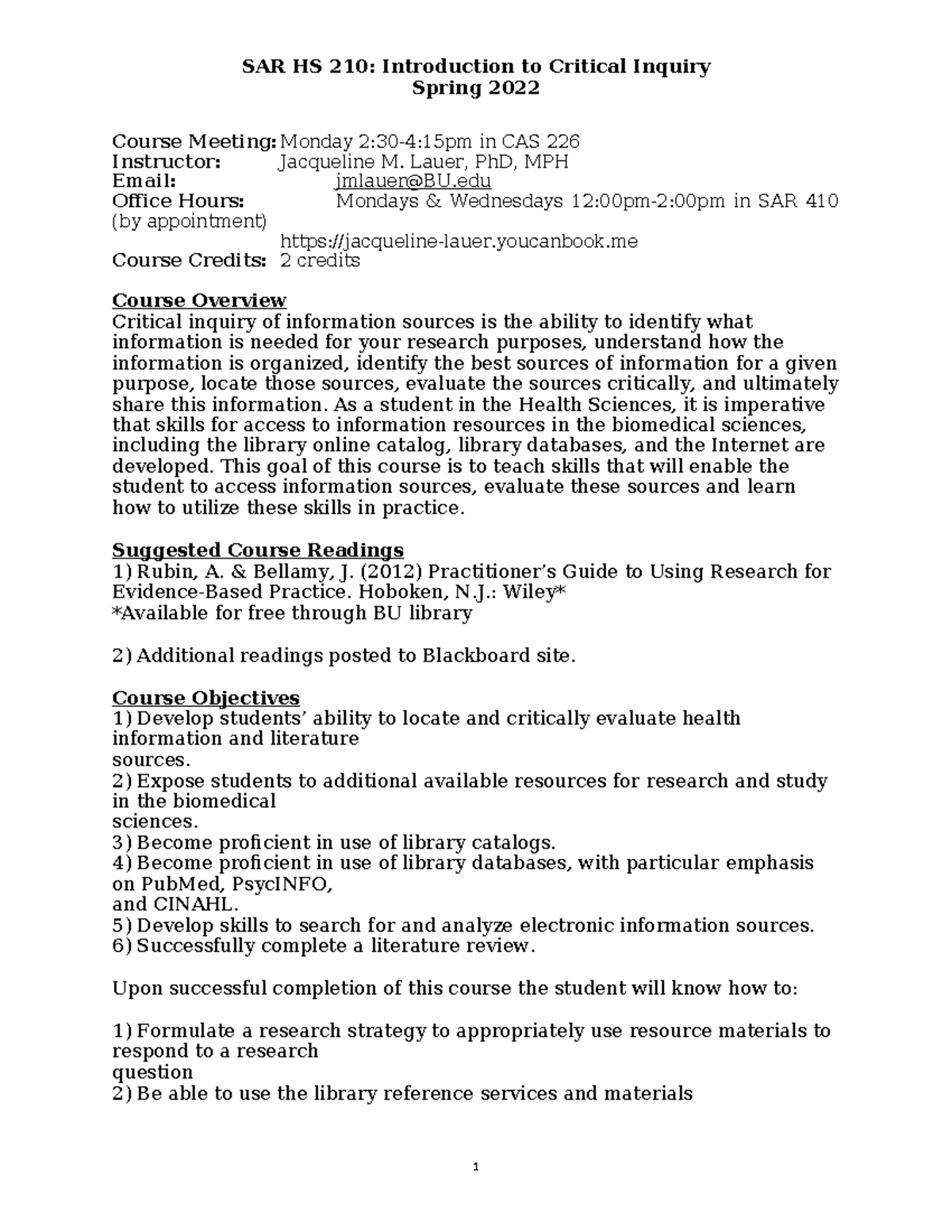 HS 210 - Critical Inquiry - Syllabus - Spring 2022 2nd Half - Spring ...