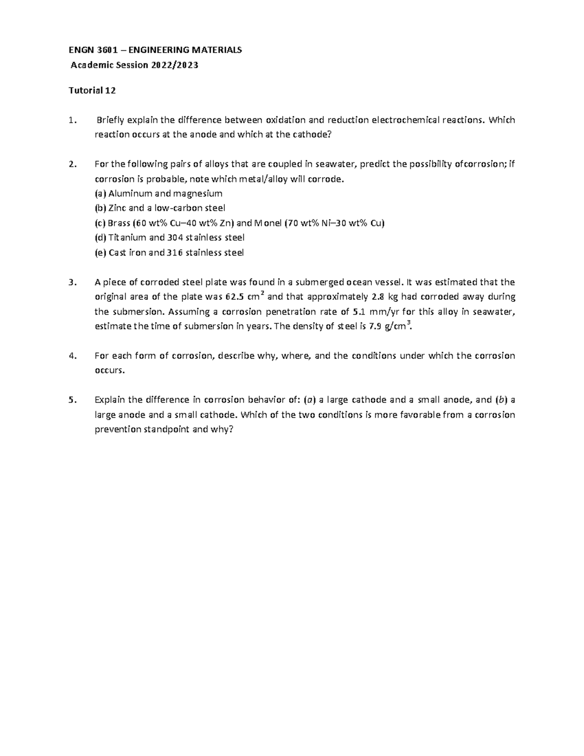 Tutorial 12 engn 3601 - ENGN 3601 – ENGINEERING MATERIALS Academic ...