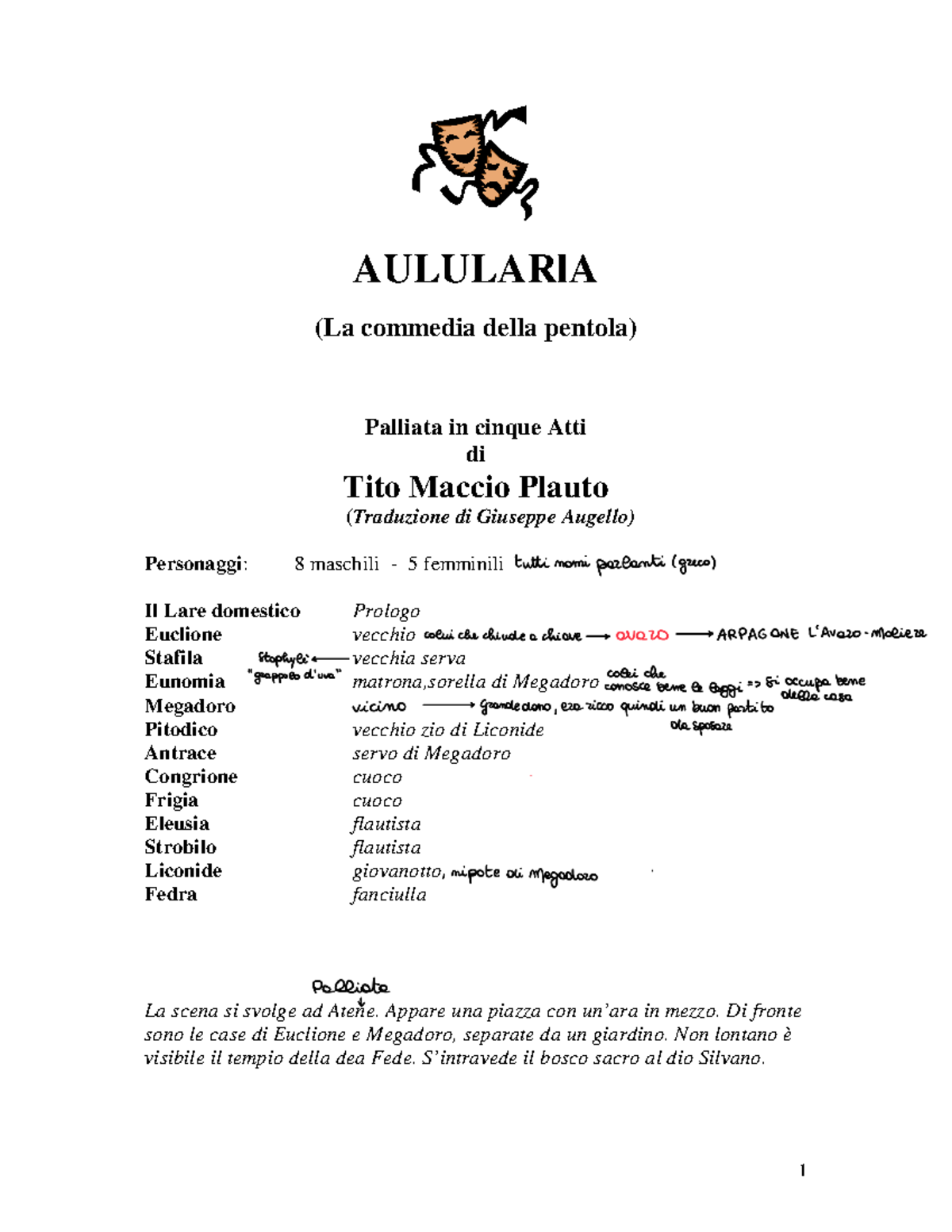 Plauto-aulularia - Aulularia- Plauto - AULULARlA (La commedia della pentola) Palliata in cinque ...