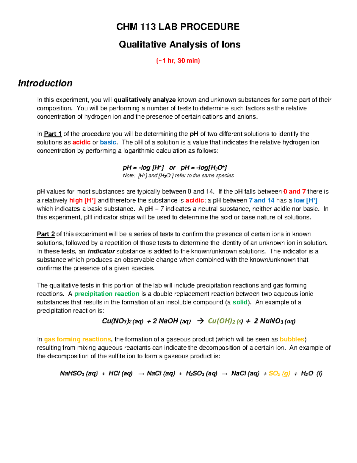 04 Ions Procedure Spr24 - CHM 113 LAB PROCEDURE Qualitative Analysis of ...