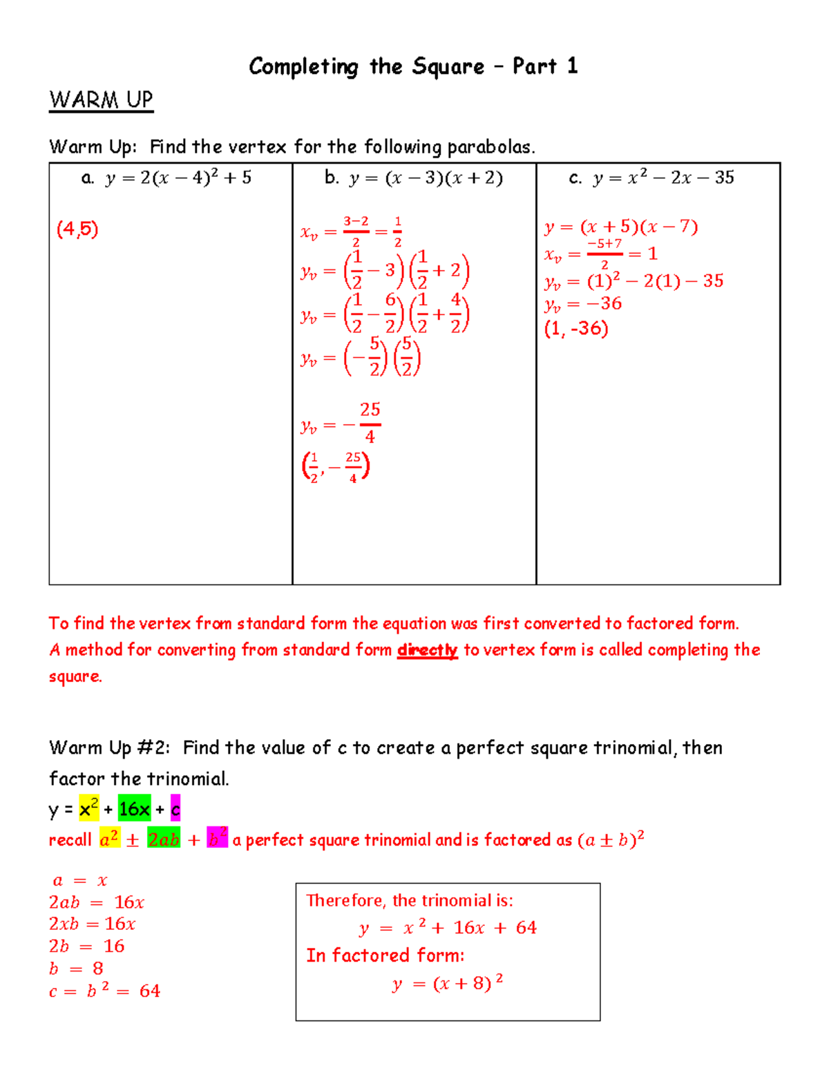 Completing the Square Part 1 Lesson Solutions - Completing the Square ...