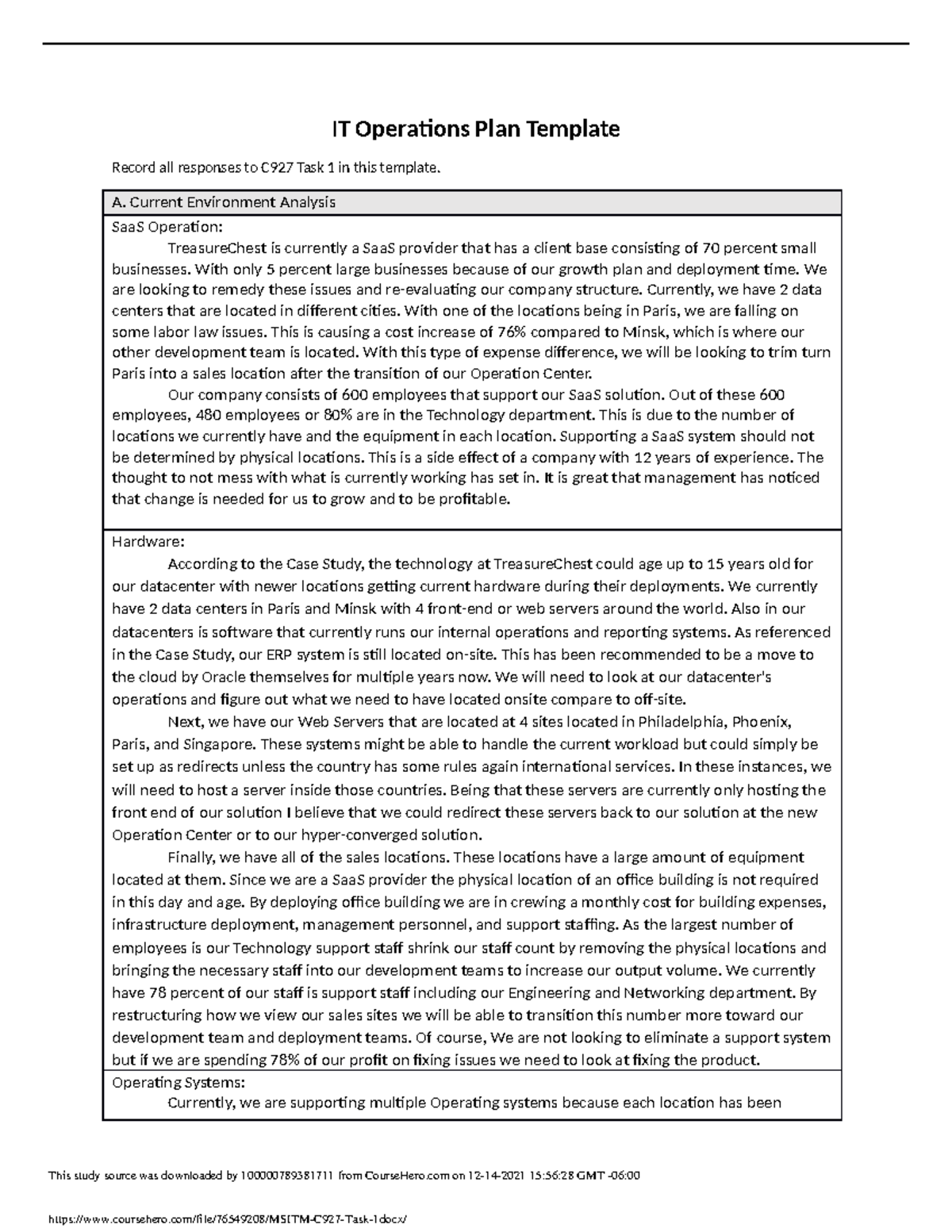 IT Operation Plan Document - IT Operations Plan Template Record all ...