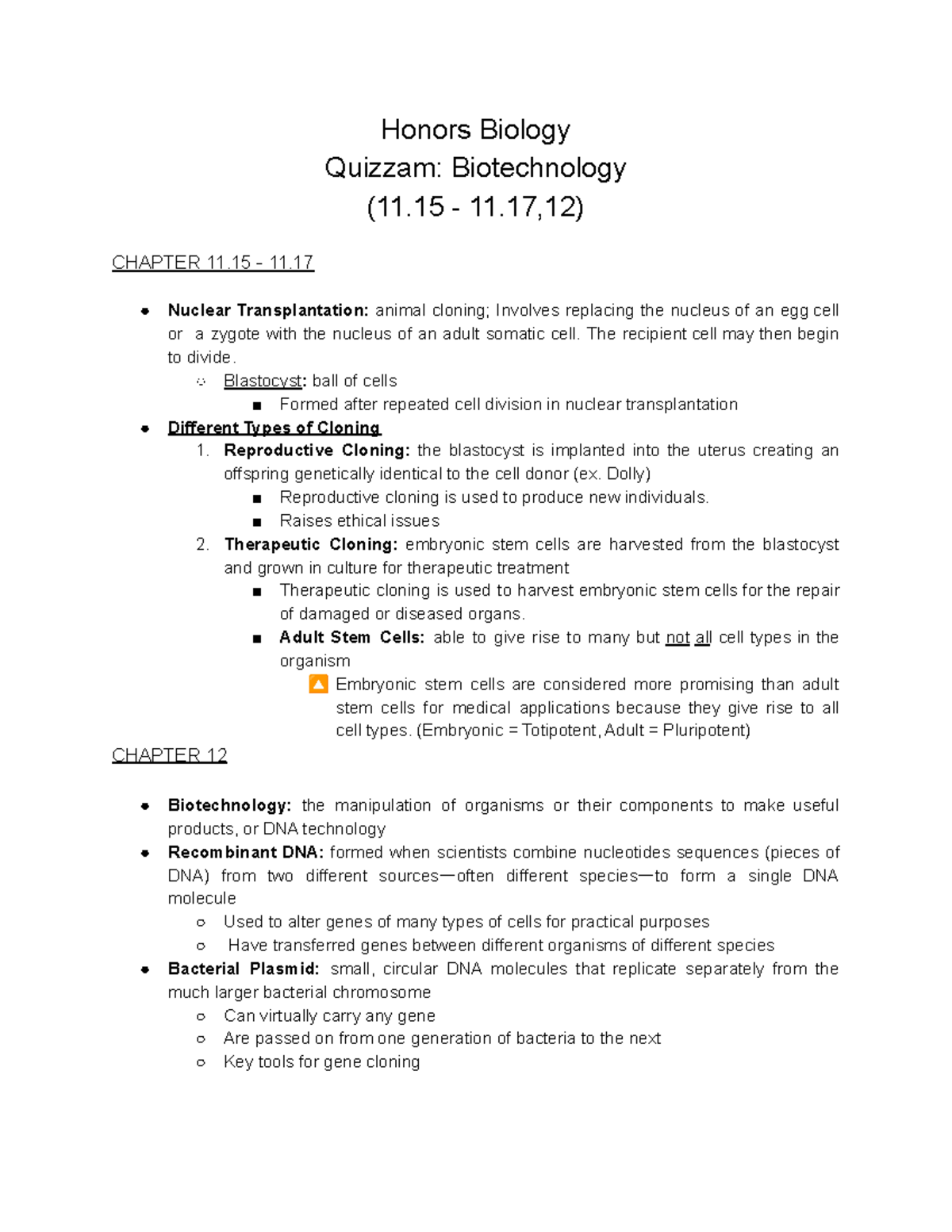 Biotechnology Notes - Honors Biology Quizzam: Biotechnology (11 - 11,12 ...