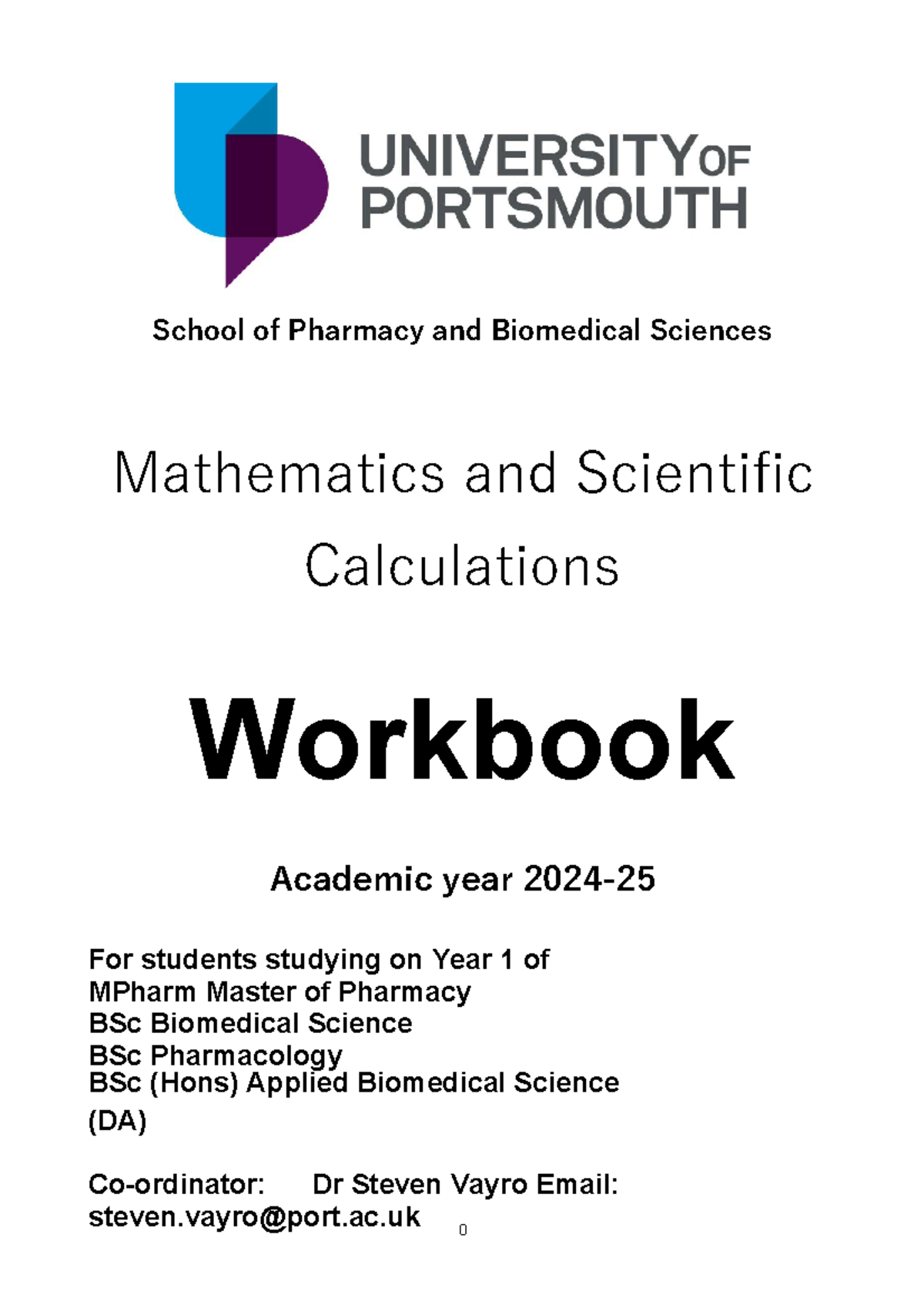 Maths Workbook 2024-2025 - School of Pharmacy and Biomedical Sciences ...