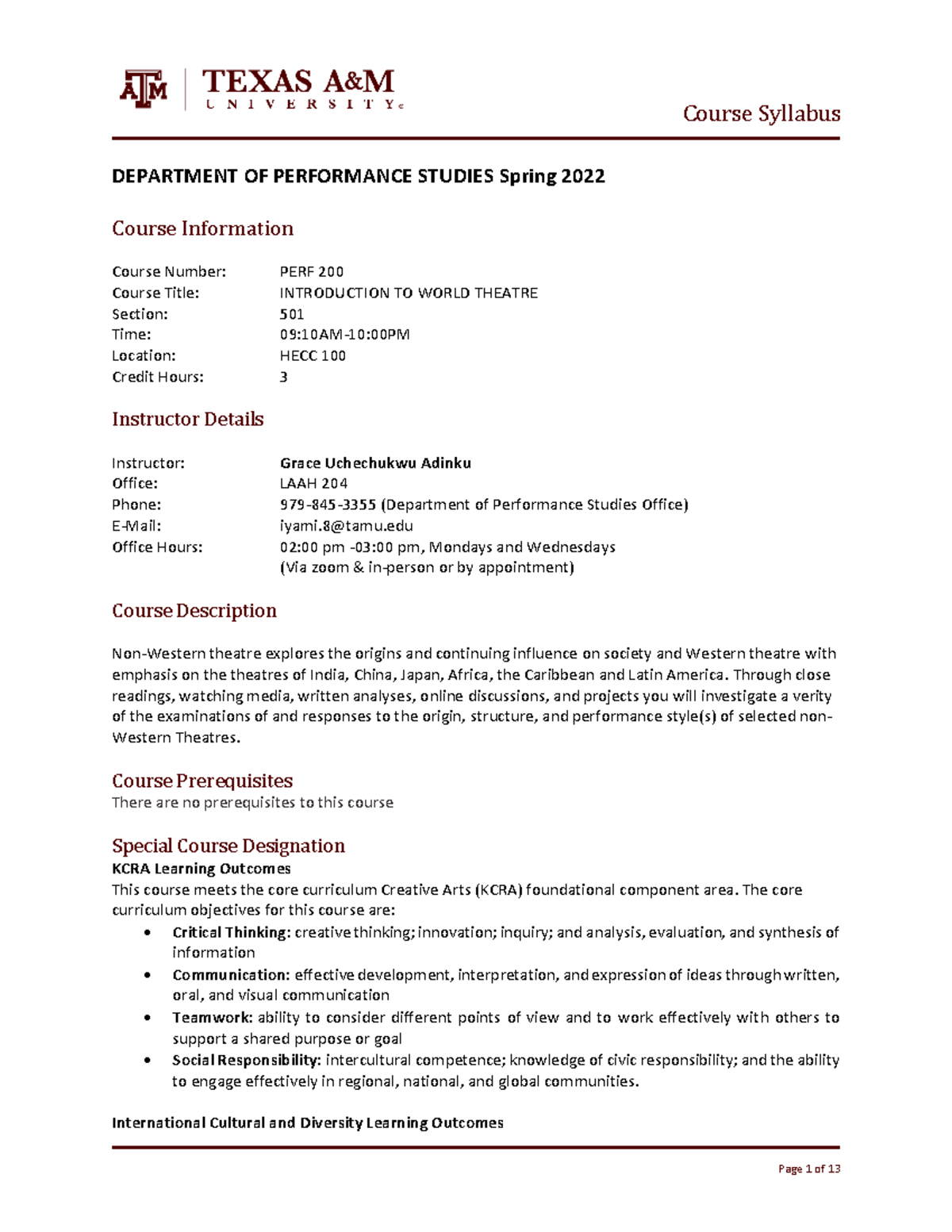 PERF 200-501 Intro to World Theatre Spring 2022 Syllabus - DEPARTMENT ...