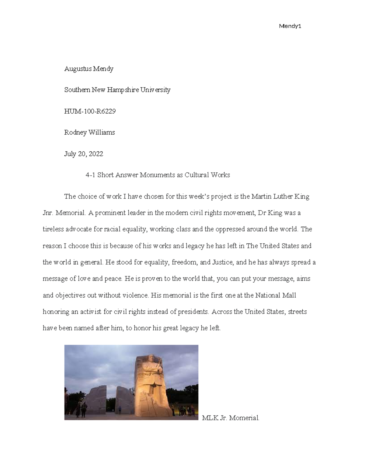 4-1 Short Answer Monuments as Cultural Work - Mendy 1 Augustus Mendy ...