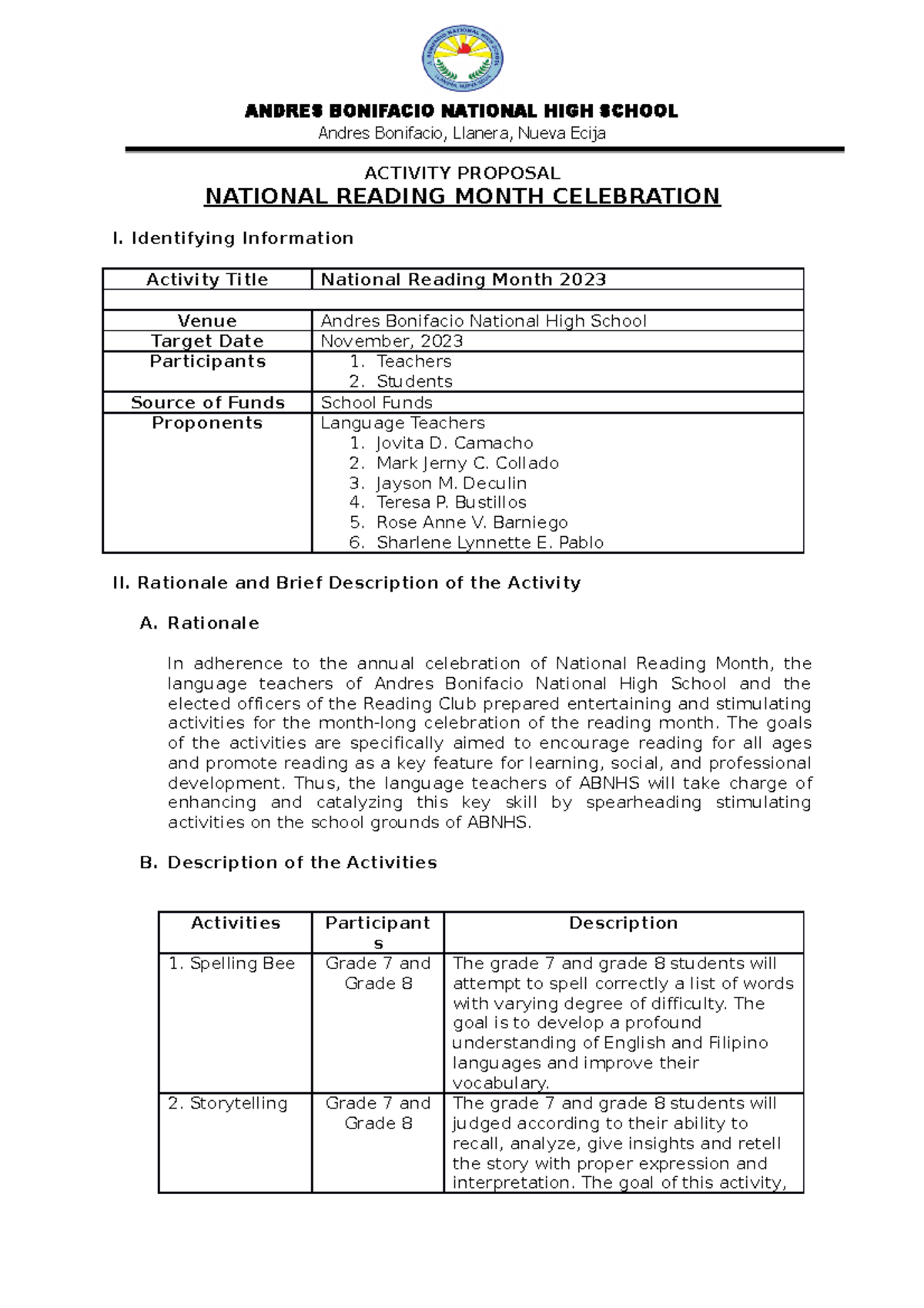 Proposal - Andres Bonifacio, Llanera, Nueva Ecija ACTIVITY PROPOSAL ...