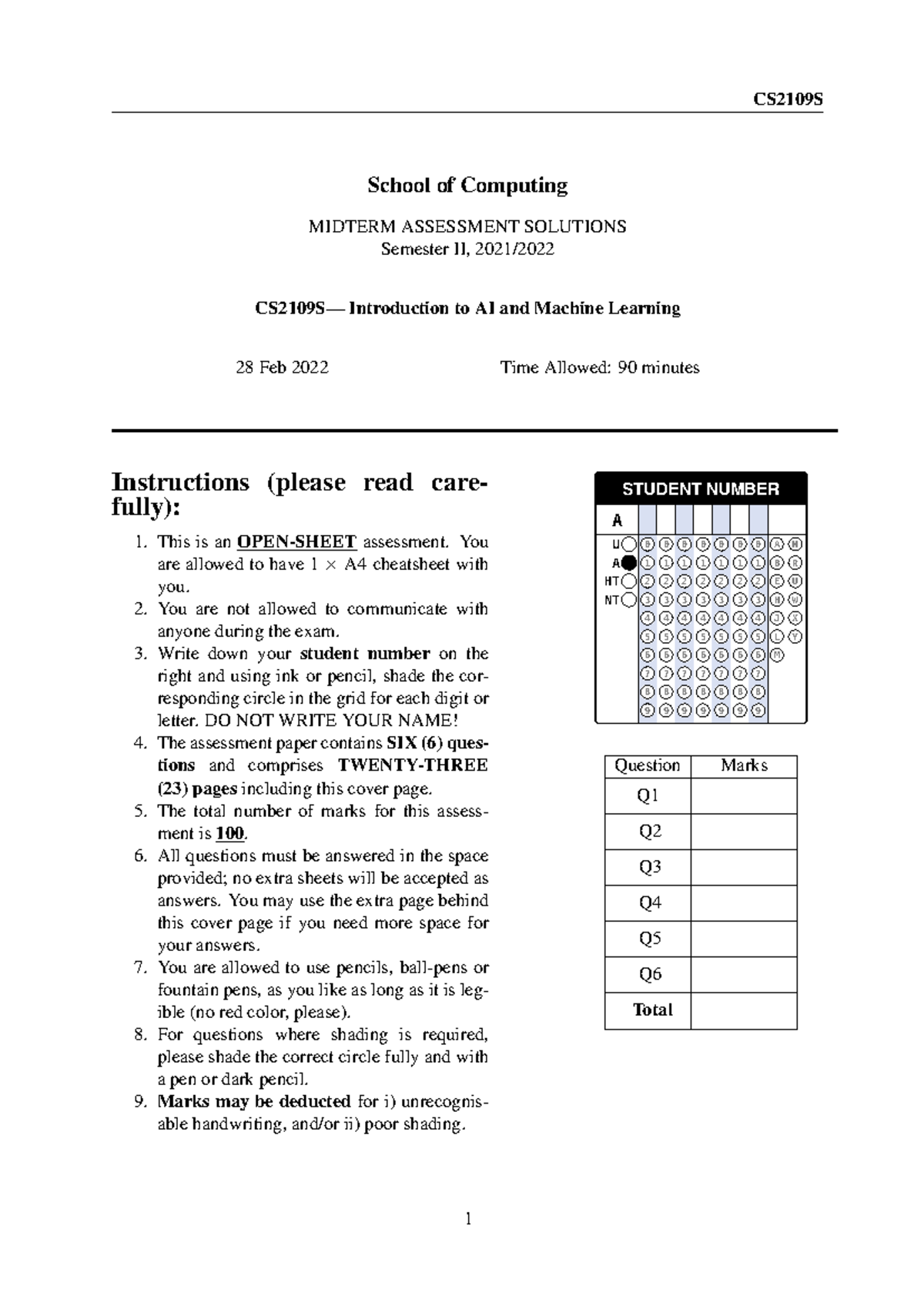 Cs2109s midterm 2021 S2 solution - School of Computing MIDTERM ASSESSMENT SOLUTIONS Semester II ...