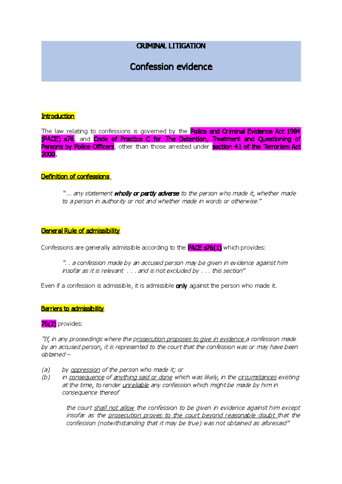 Confession evidence - criminal litigation - CRIMINAL LITIGATION ...