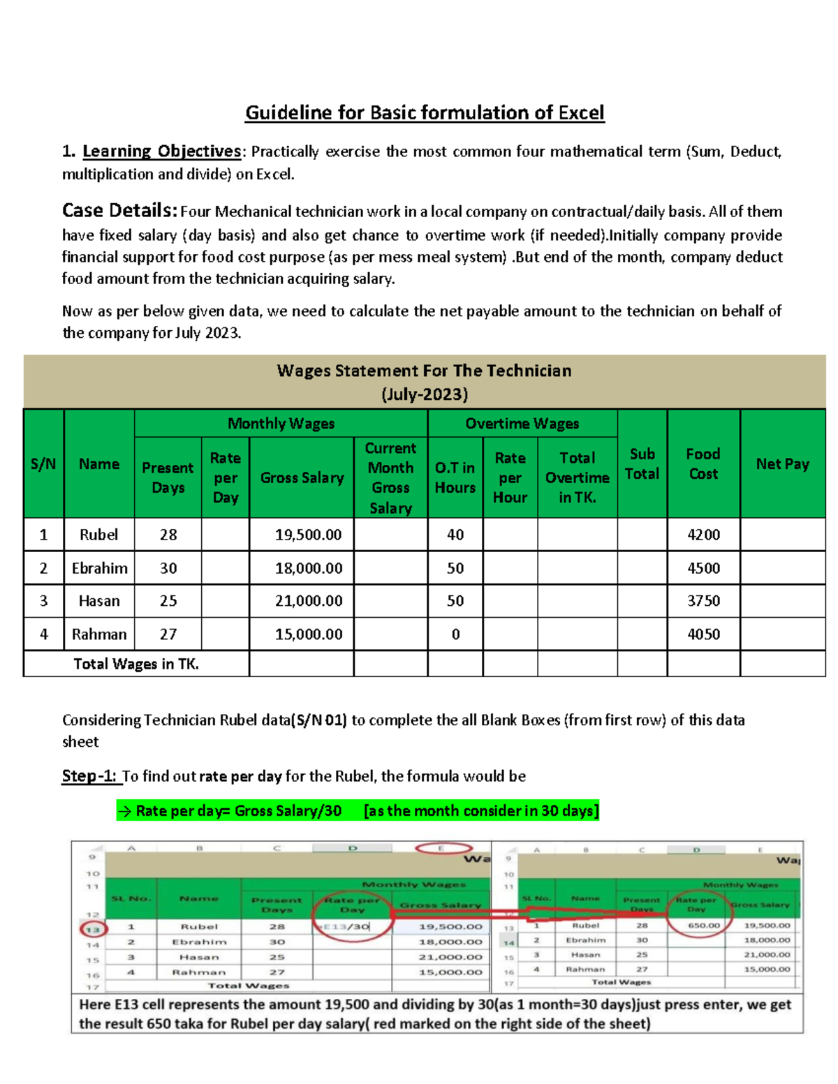Instruction Handout for Excel Class - Guideline for Basic formulation of Excel 1. Learning - Studocu
