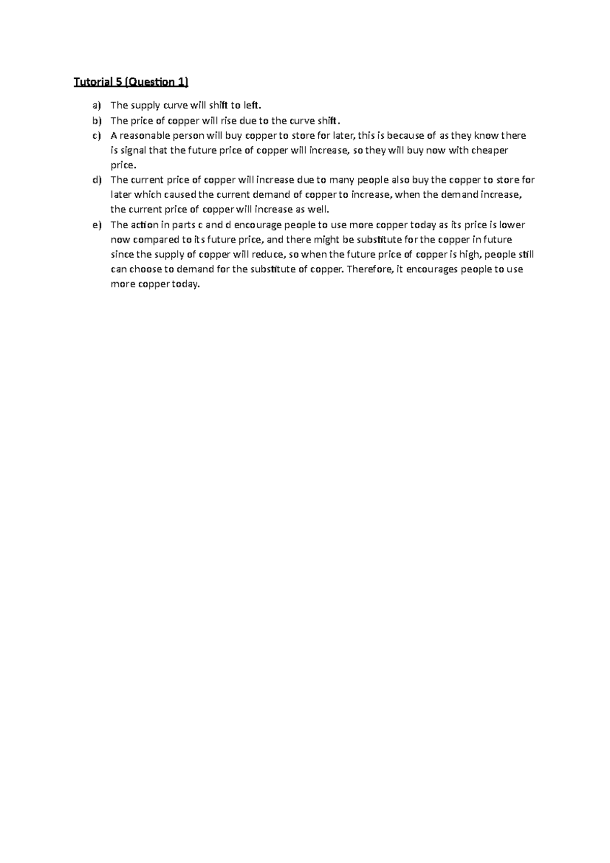Tutorial 5 (solution) - Tutorial 5 (Question 1) a) The supply curve ...