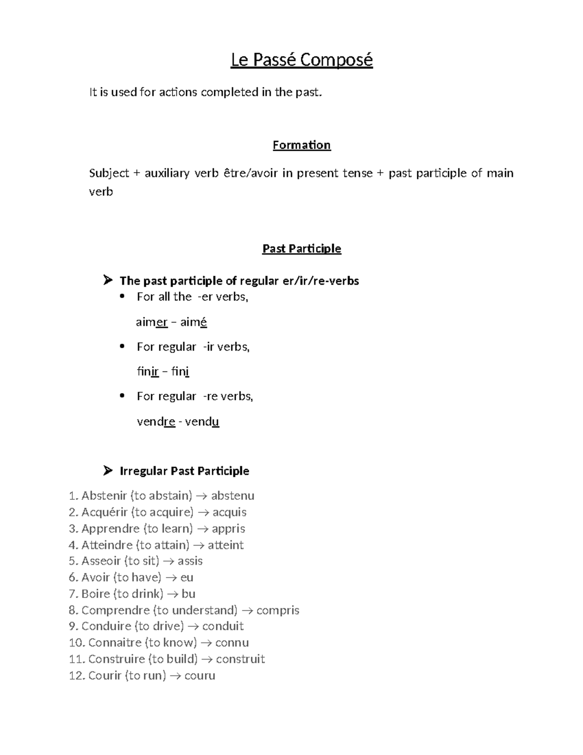 Le Passé Composé - Formation Subject + auxiliary verb être/avoir in ...