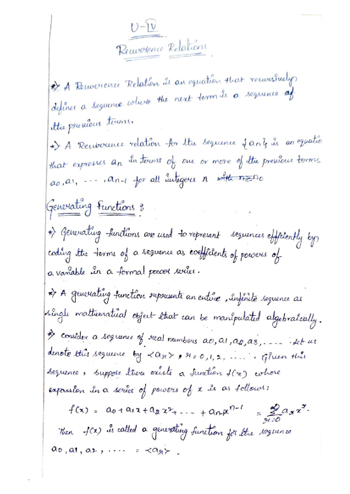 DM Unit-4 - no - Recurrence Relations A Recurrence Relation is an equation that recursively ...