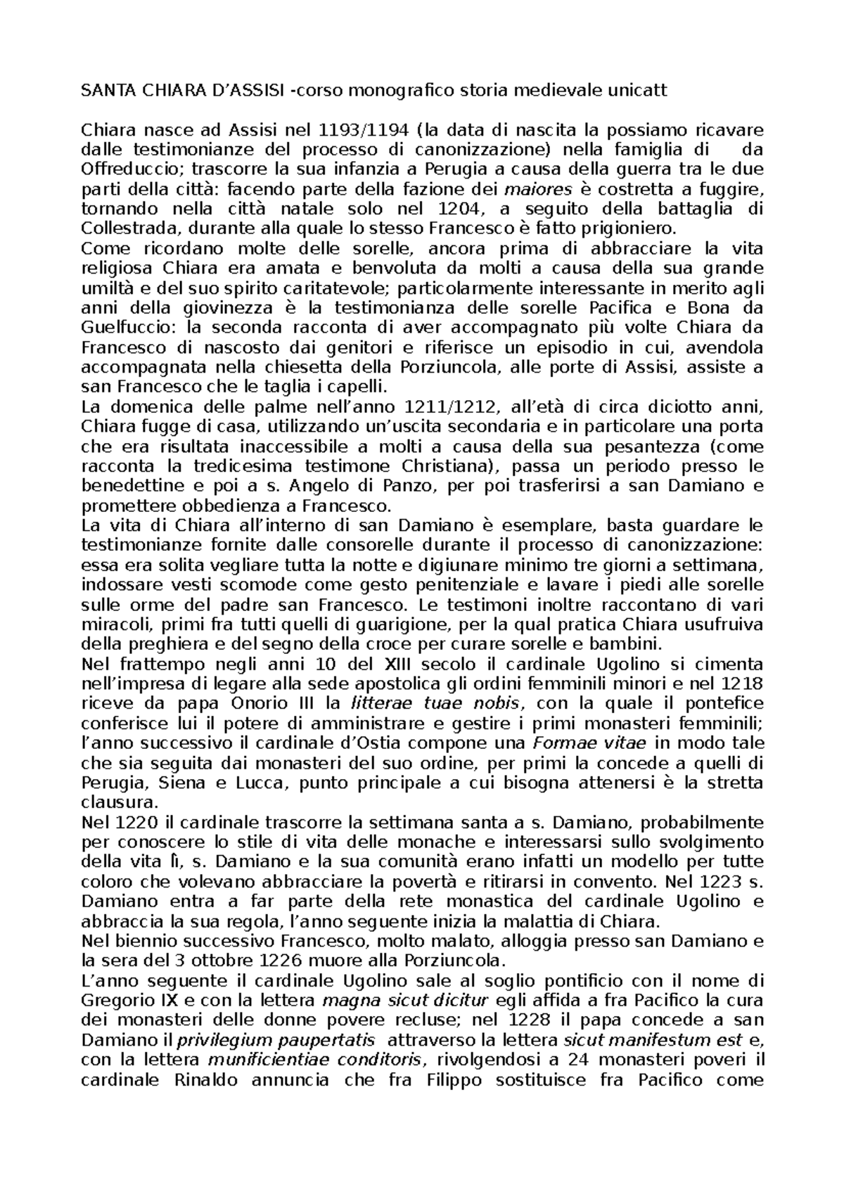 Santa Chiara d'Assisi - Storia Medievale - UniCatt - Studocu