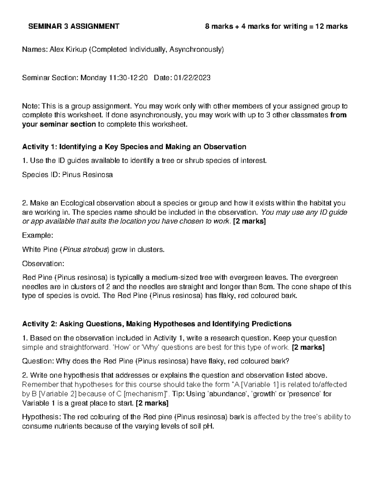 BIOL1070 Seminar 3 Worksheet - SEMINAR 3 ASSIGNMENT 8 marks + 4 marks ...