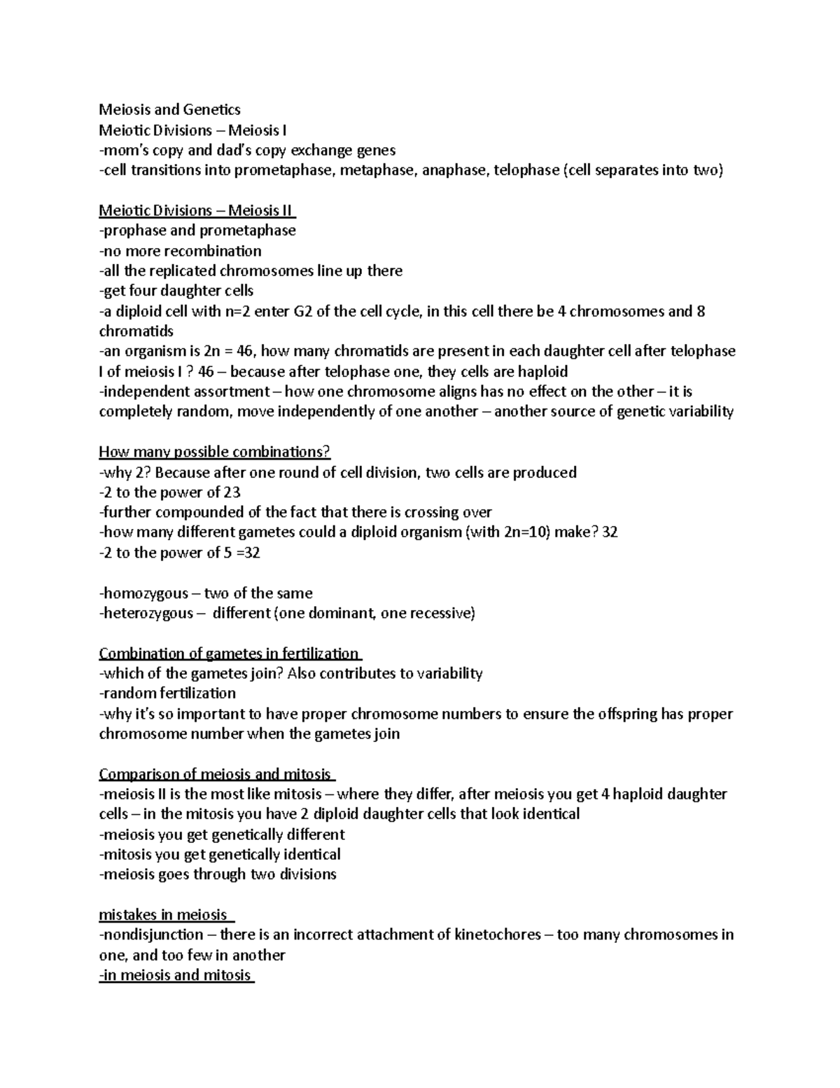 Meiosis and Genetics - march 19 2018 Biology lecture notes - Meiosis ...