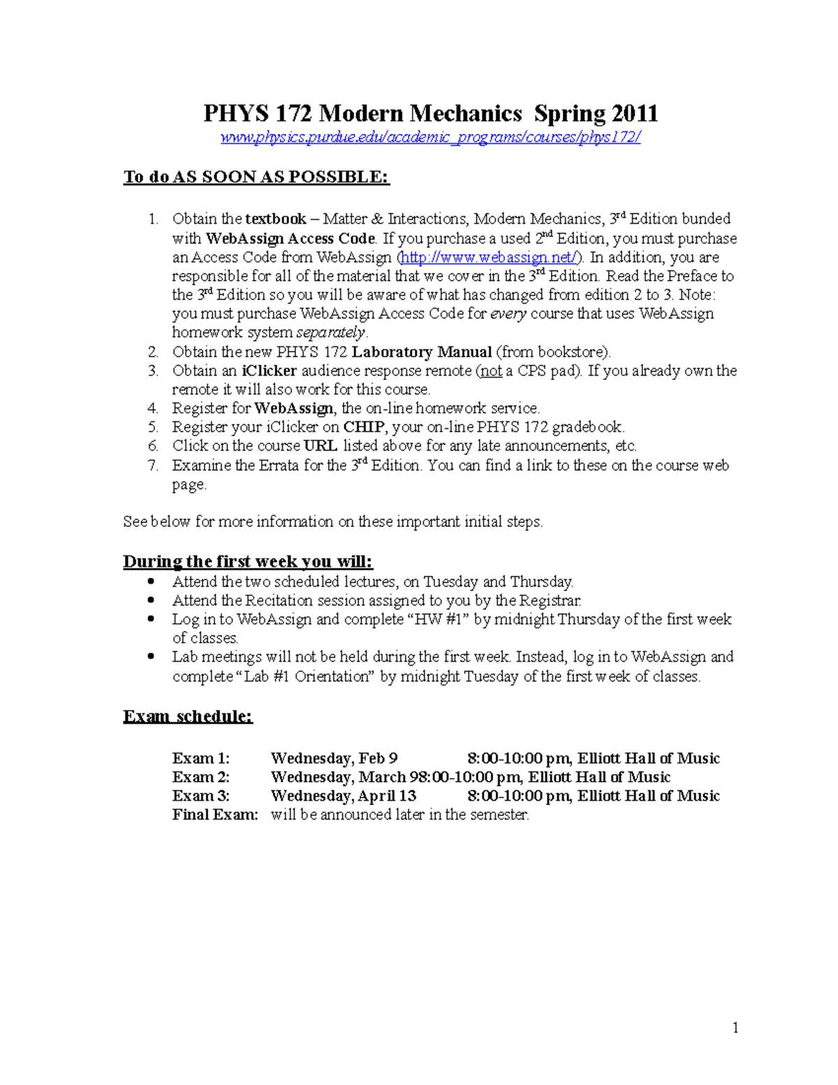 Syllabus 2011 spring - PHYS 172 Modern Mechanics Spring 2011 - Studocu