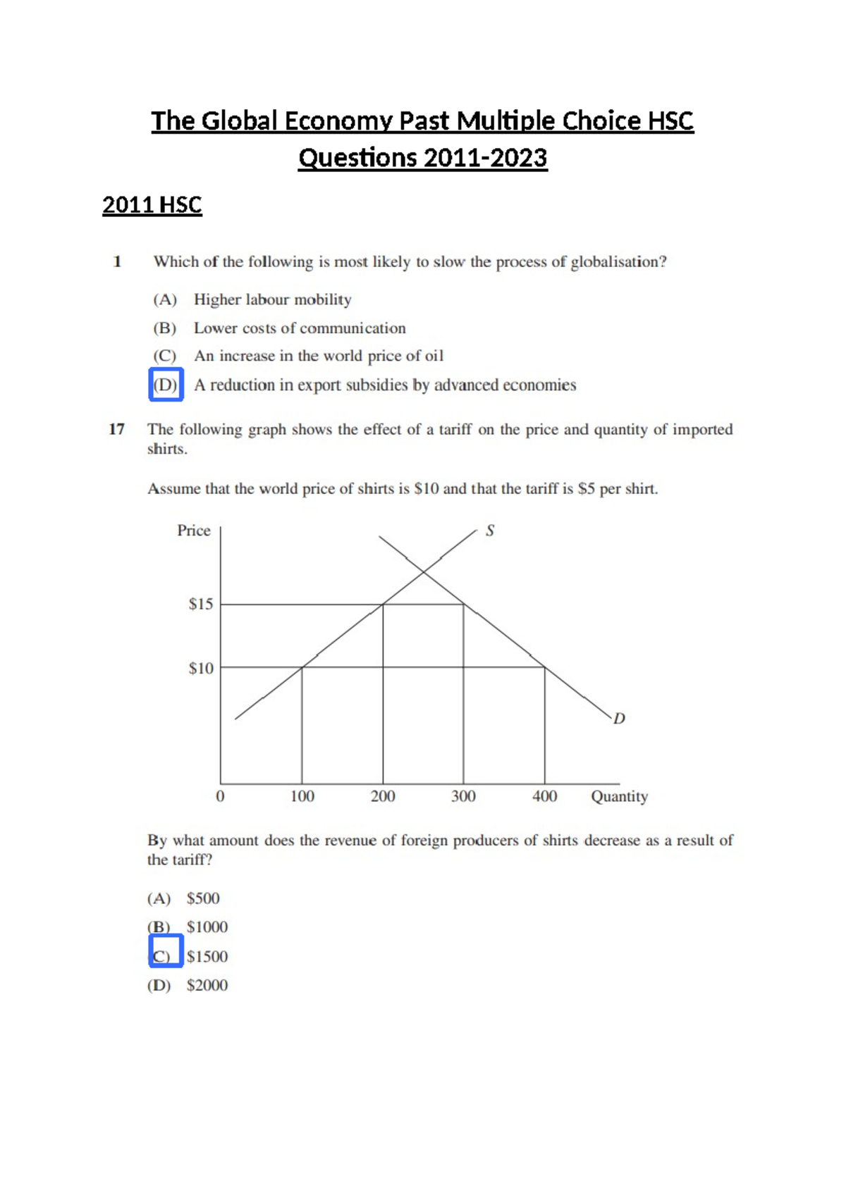 The Global Economy Past Multiple Choice HSC Questions - The Global ...