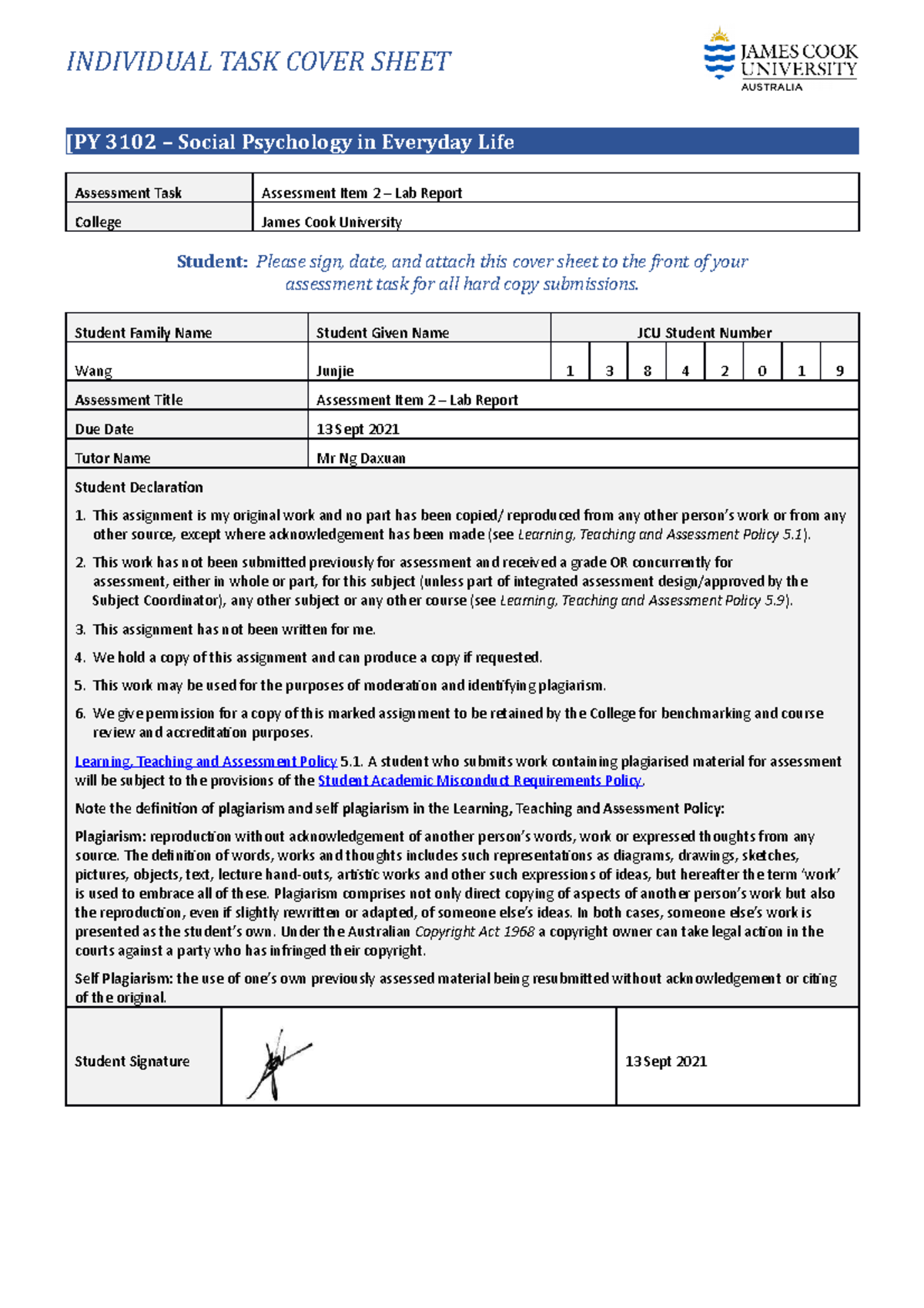 Assessment cover sheet - INDIVIDUAL TASK COVER SHEET [PY 3102 – Social ...
