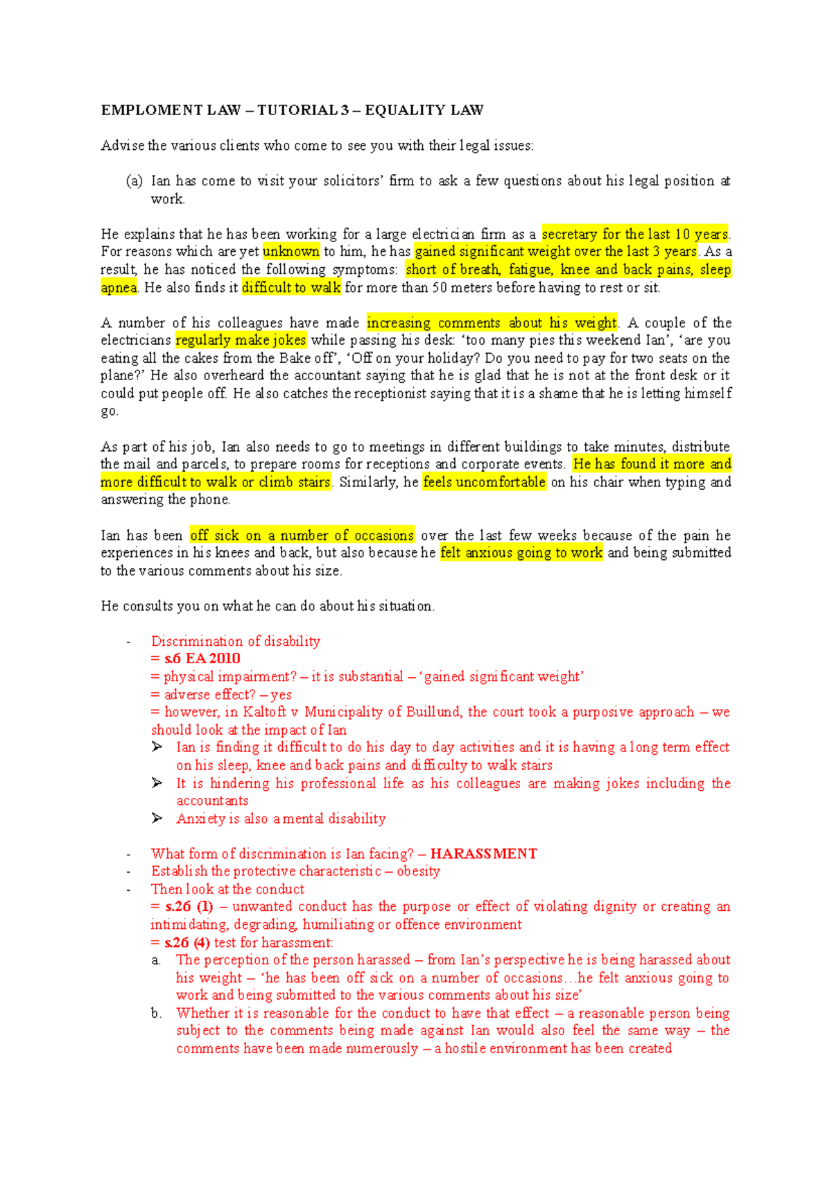 Employment Law - Equality Law - Tutorial 3 - LW2230 - Leicester - Studocu