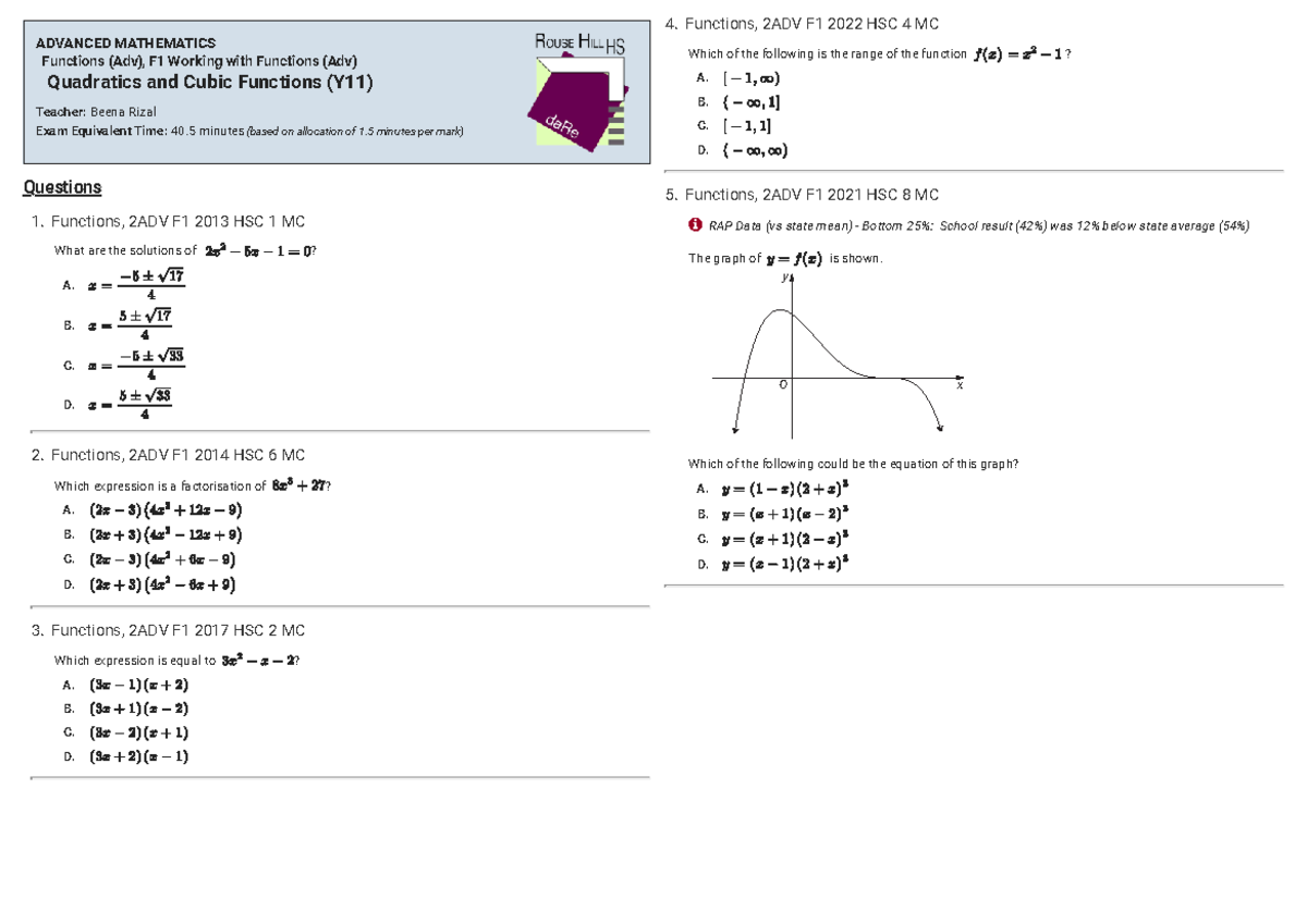 3 F1 Quadratics and Cubic Functions - 1. Functions, 2ADV F1 2013 HSC 1 ...