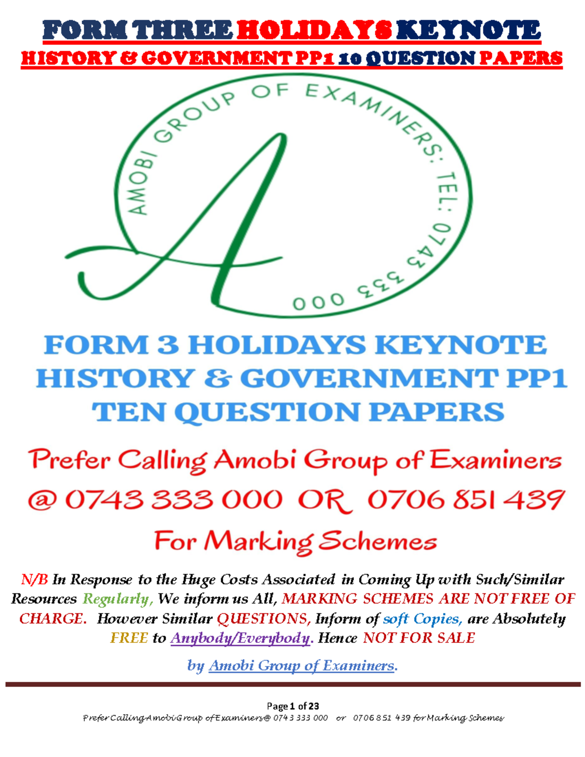 F3 HIST PP1 H-KN 10 QP - Noel - Page 1 of 23 FORM THREE HOLIDAYS KEYNOTE HISTORY & GOVERNMENT PP ...