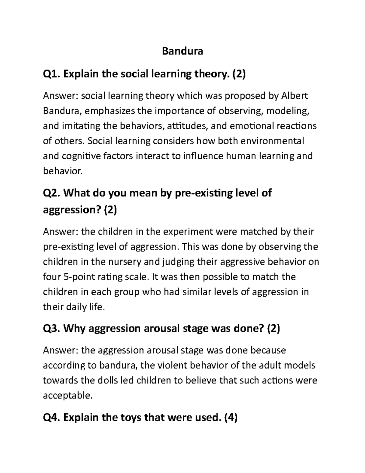 Bandura - Bandura Q1. Explain the social learning theory. (2) Answer ...