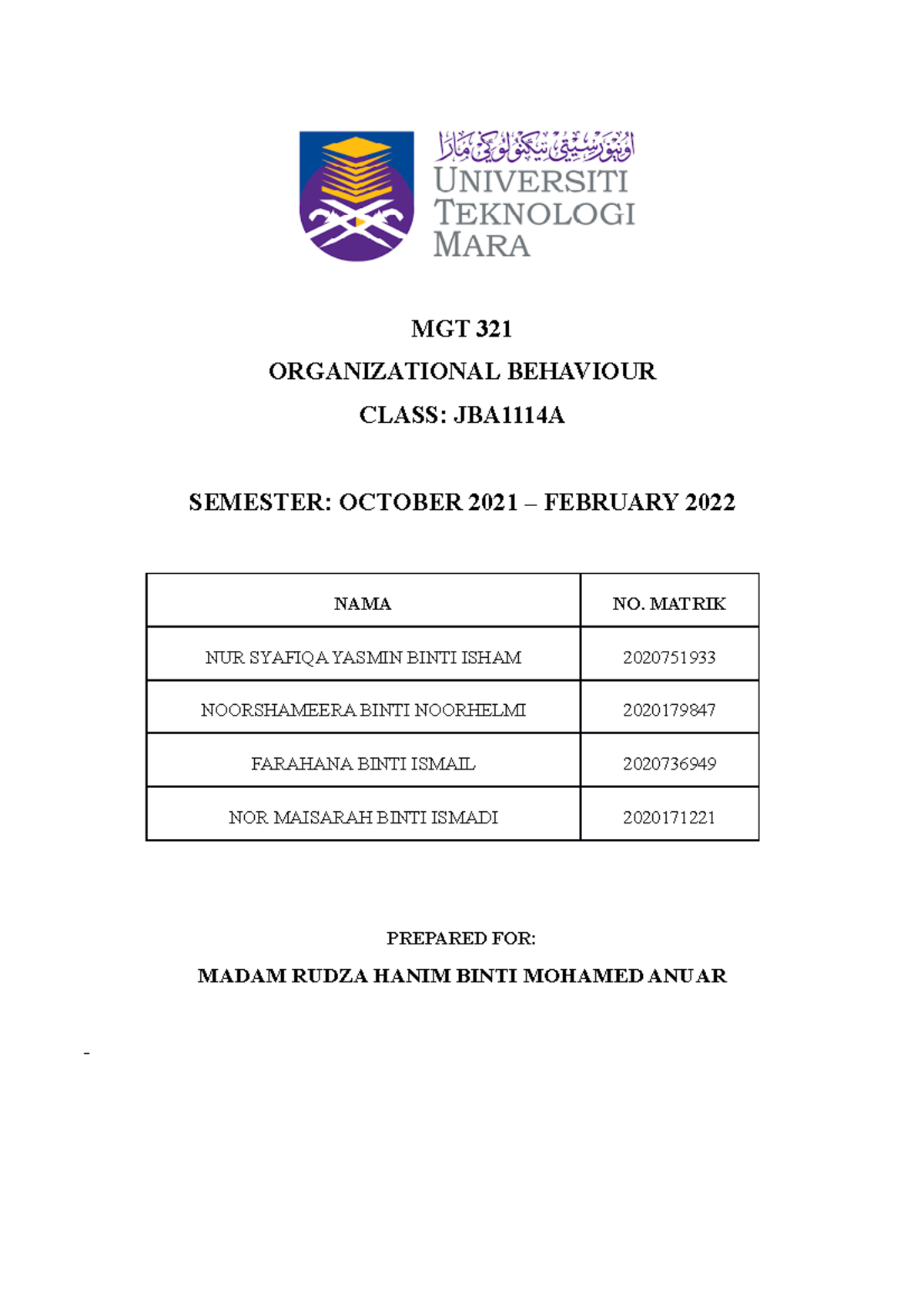 MGT321 - Organization Behavior Group Report - MGT 321 ORGANIZATIONAL ...