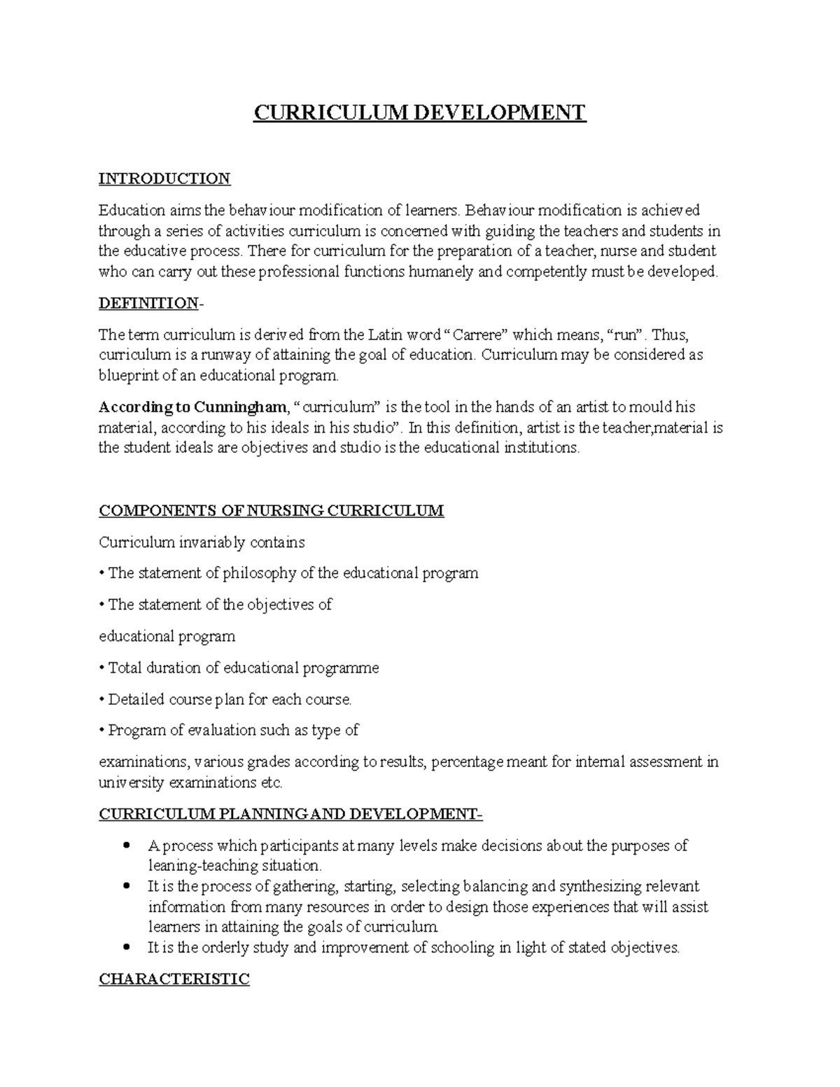 Curriculum notes - CURRICULUM DEVELOPMENT INTRODUCTION Education aims ...