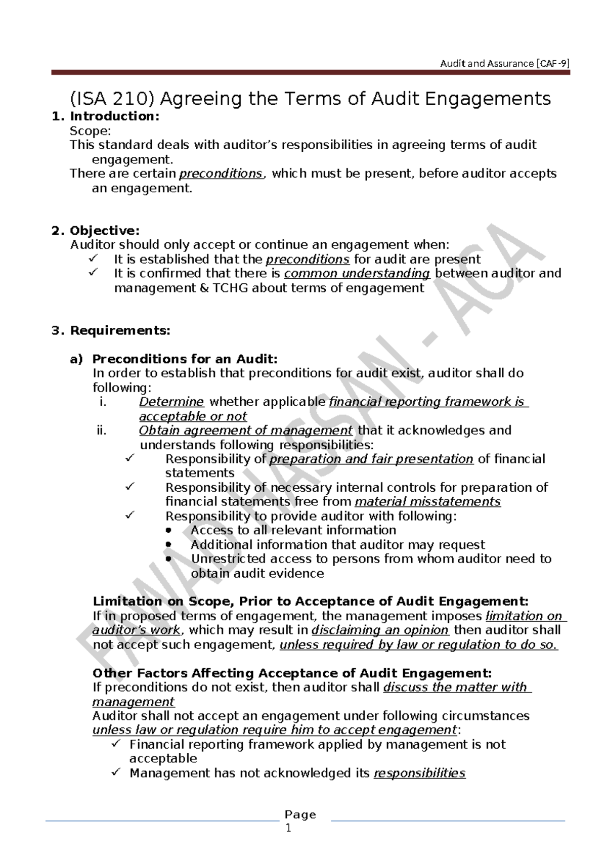 (ISA 210) Agreeing the terms of audit engagements - (ISA 210) Agreeing ...