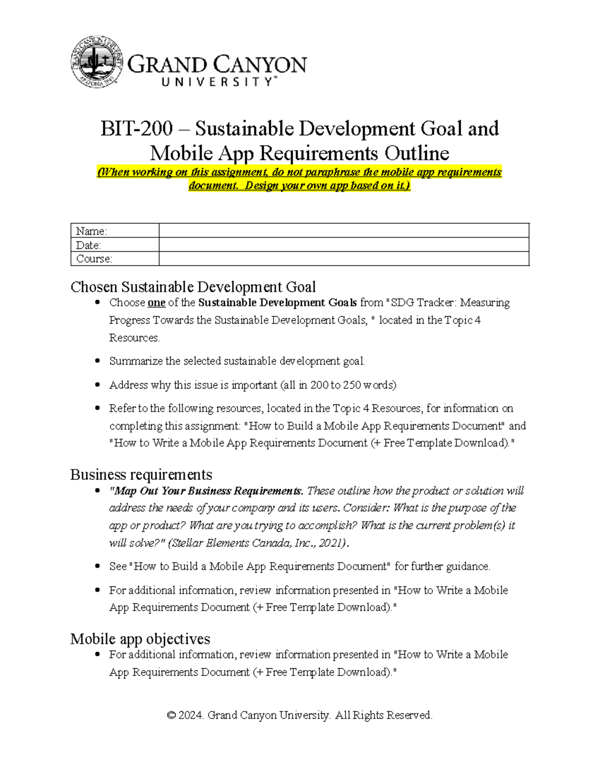 BIT 200 T4 Sustainable Development Goal and Mobile App Requirements Outline Template - BIT-200 ...