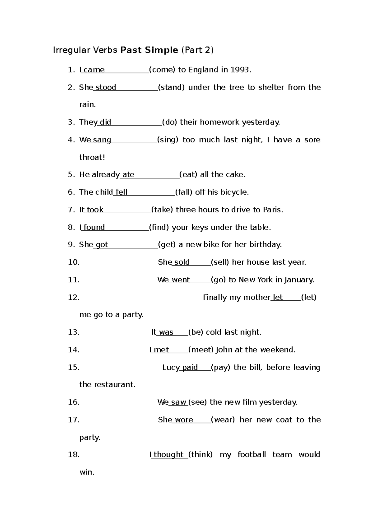 50 common irregular verbs past simple part 2 NO KEY - Irregular Verbs ...