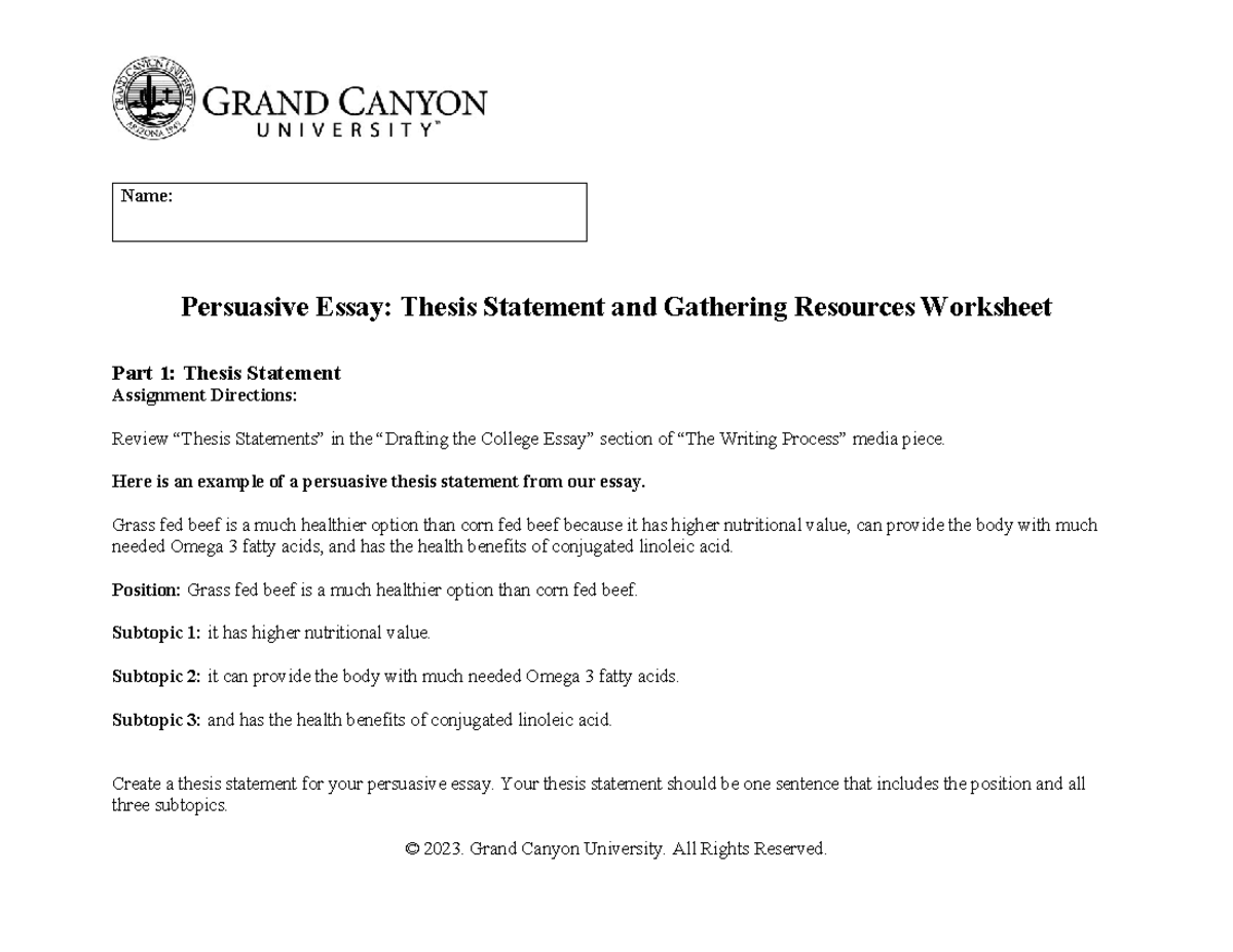 Thesis Statement and Gathering Resources Worksheet - Here is an example ...
