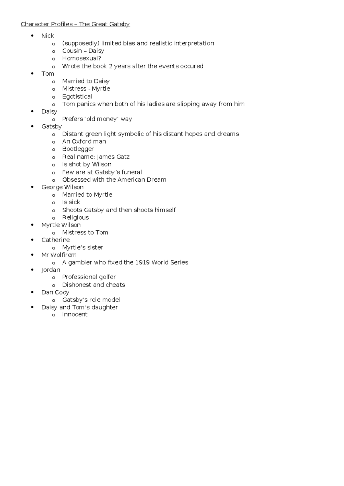 Great Gatsby Short Character Profiles (Brief Summary) - Character ...