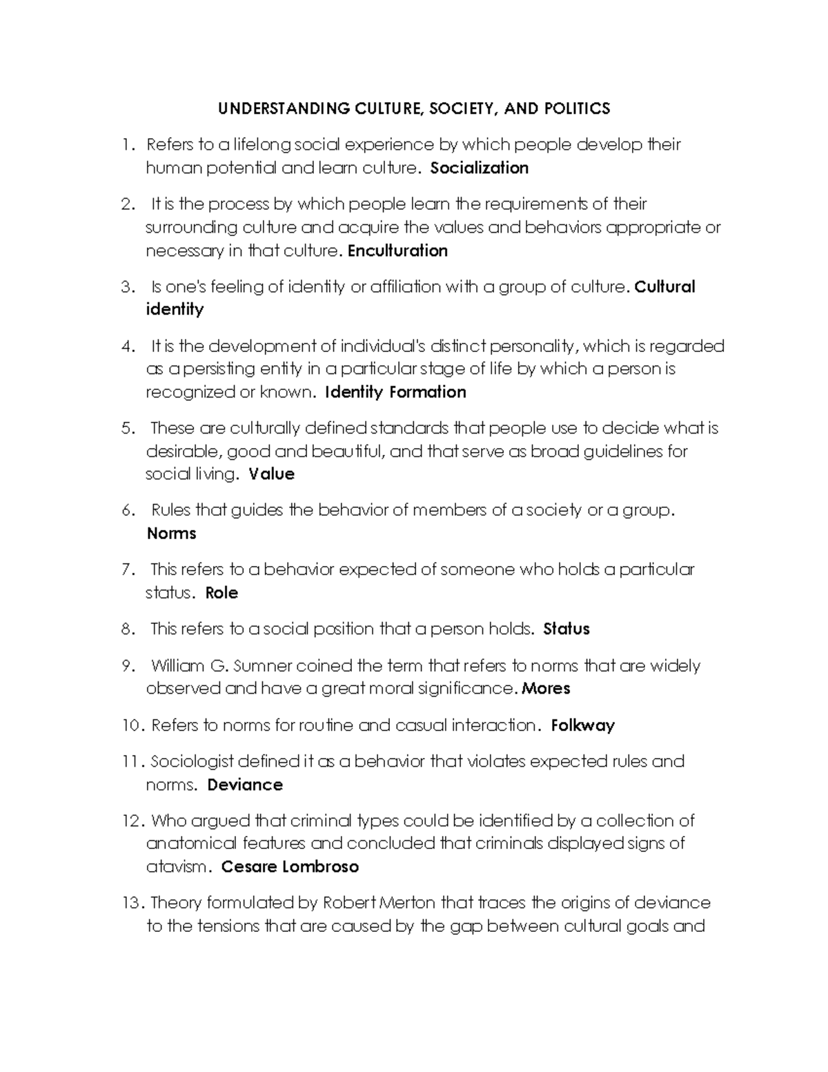 Understanding Culture, Society, AND Politics-UNIT TEST Reviewer ...