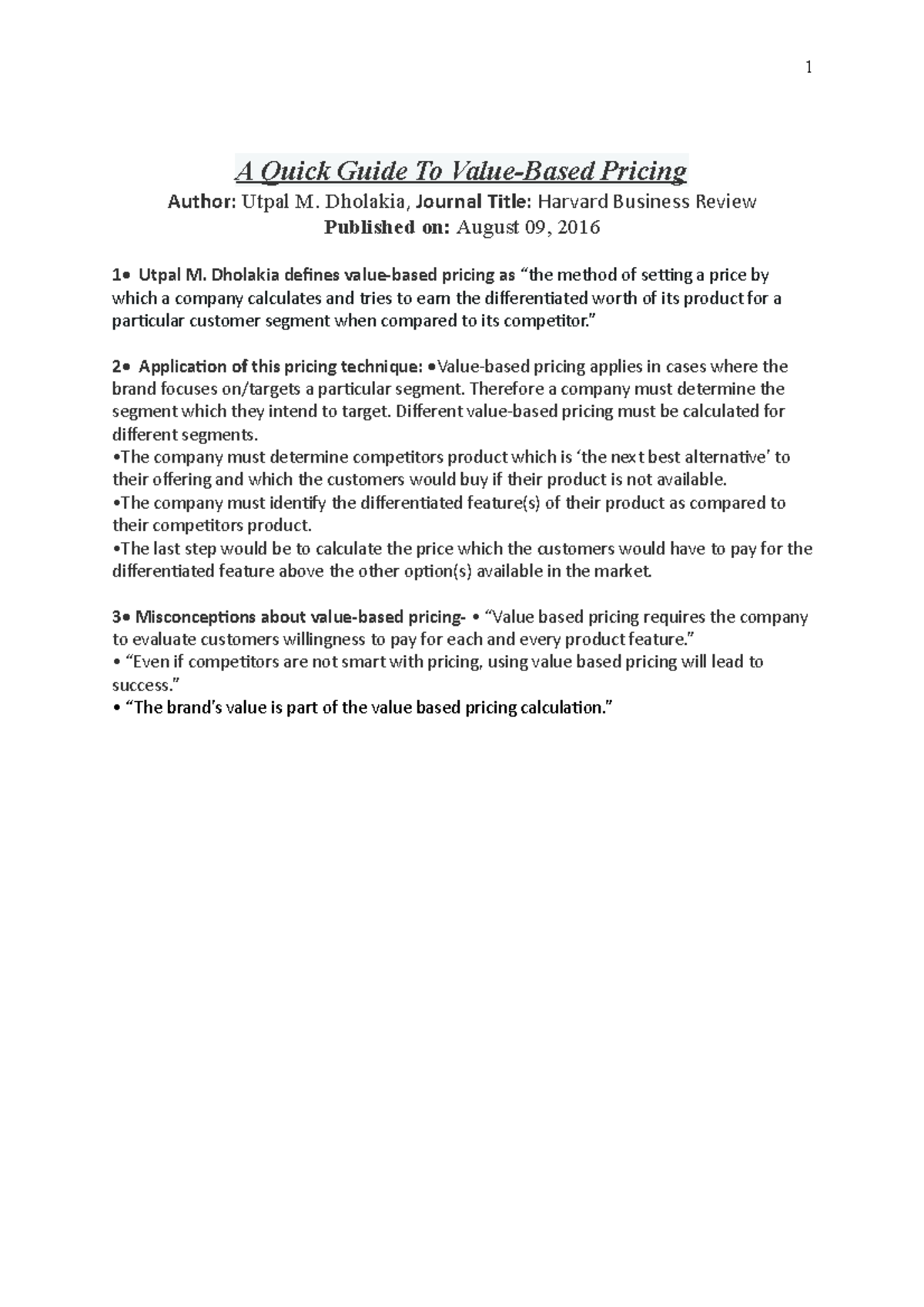 Notes-3 - Conjoint analysis - 1 A Quick Guide To Value-Based Pricing ...