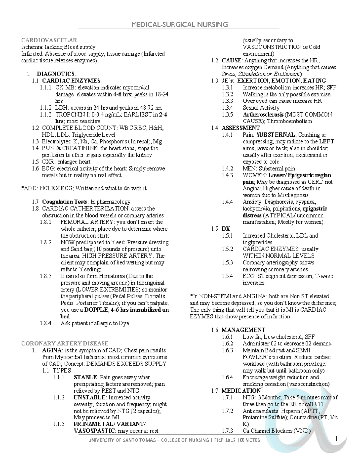 6 - Notes mo po - CARDIOVASCULAR Ischemia: lacking Blood supply ...
