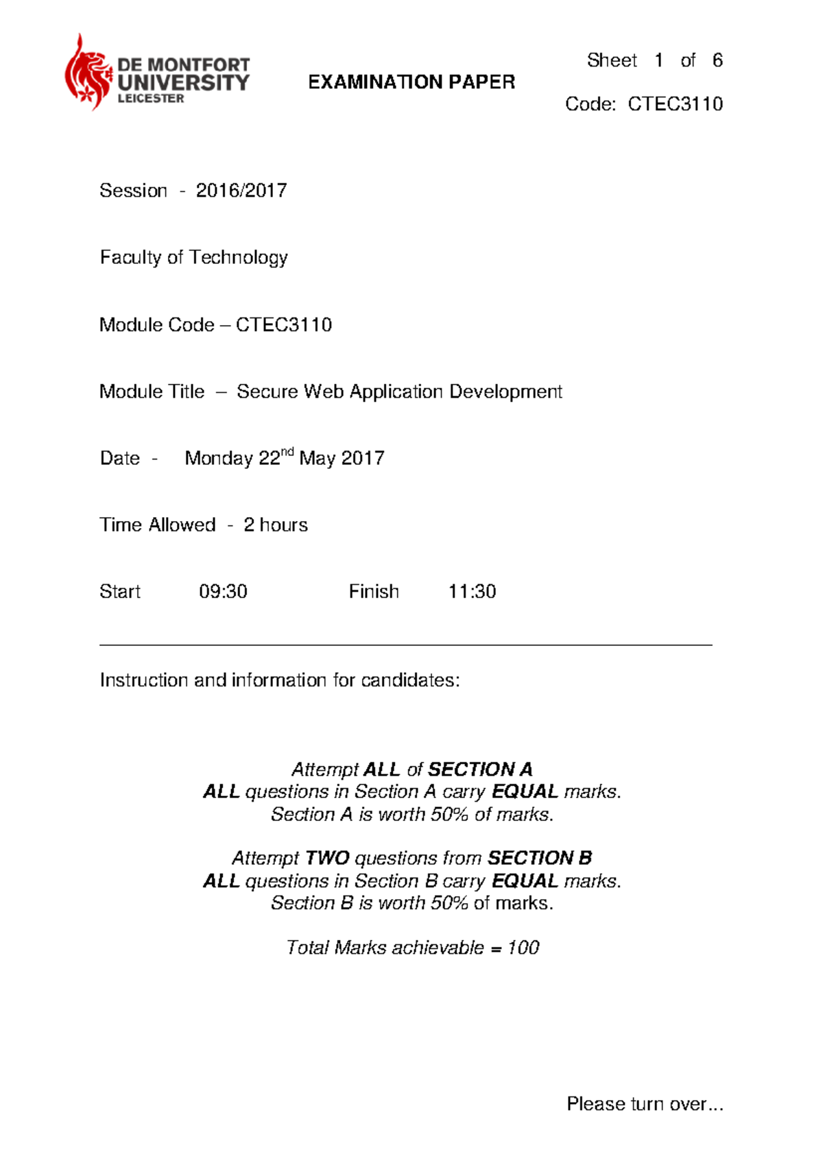 CTEC3110 2017 Exam - EXAMINATION PAPER Code: CTEC Session - 2016/ Faculty of Technology Module ...