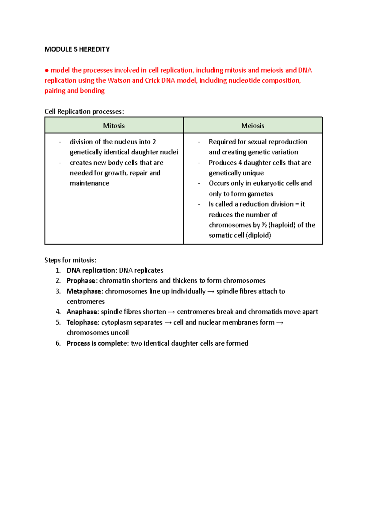 Bio task 3 notes - MODULE 5 HEREDITY model the processes involved in ...