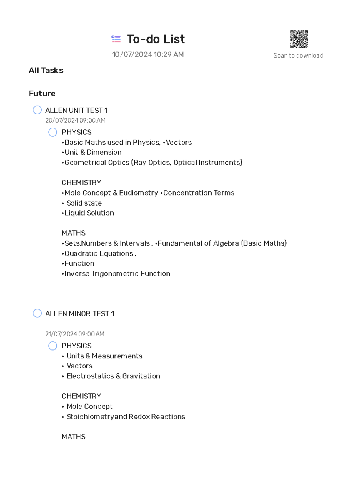 SCHEDULE OF TEST To be held at allen leader and minor test series me ...