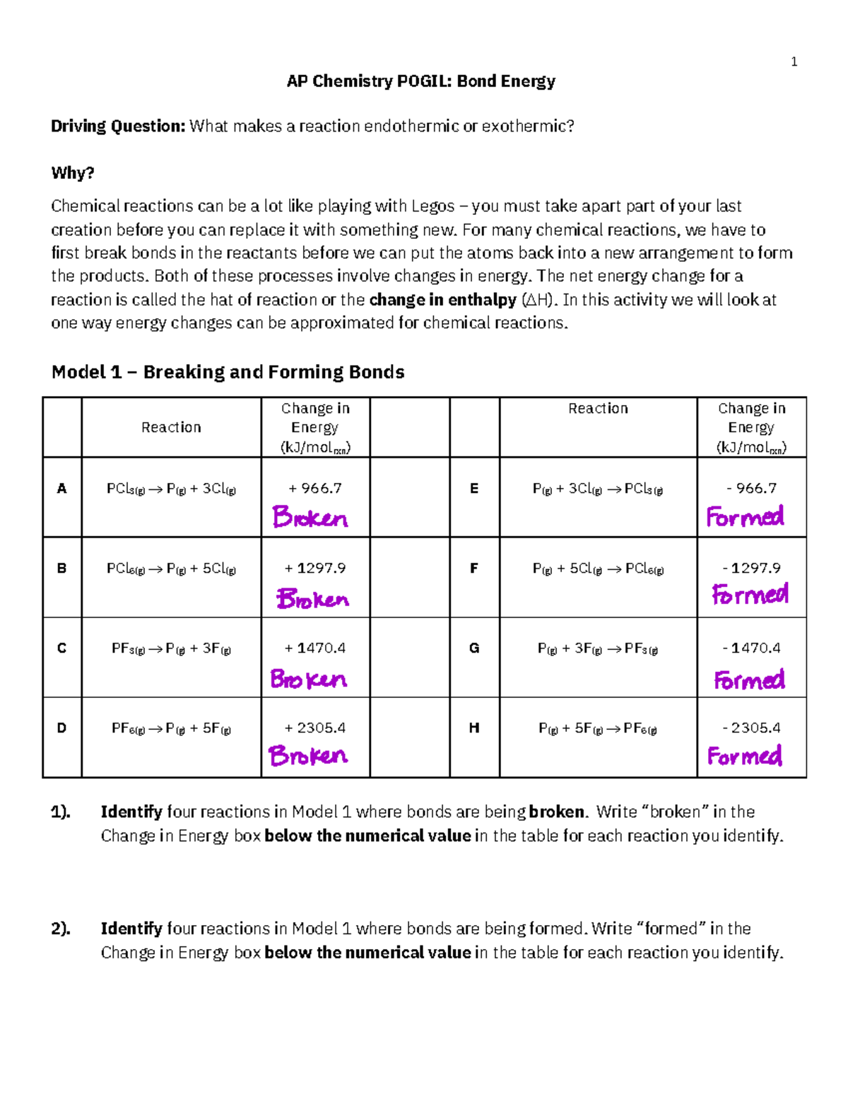 Bond Energy Pogil - AP Chemistry POGIL: Bond Energy Driving Question ...